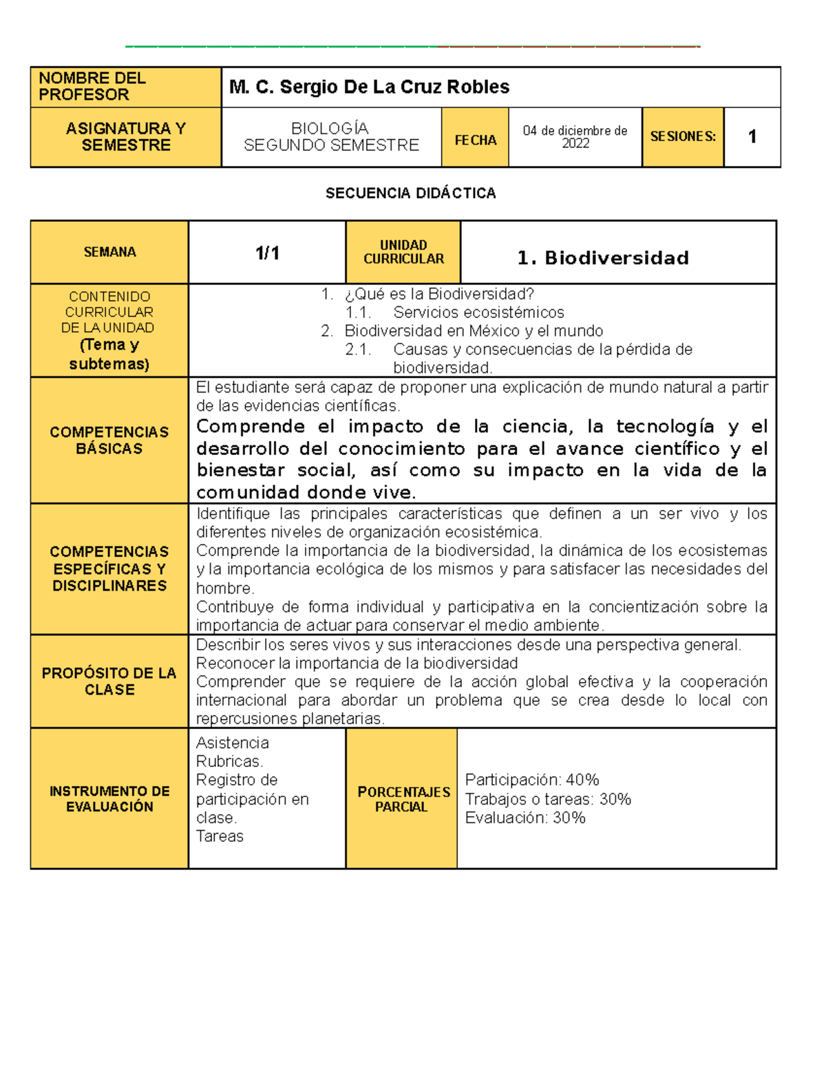 Plan de aula 2 - NOMBRE DEL PROFESOR M. C. Sergio De La Cruz Robles ...