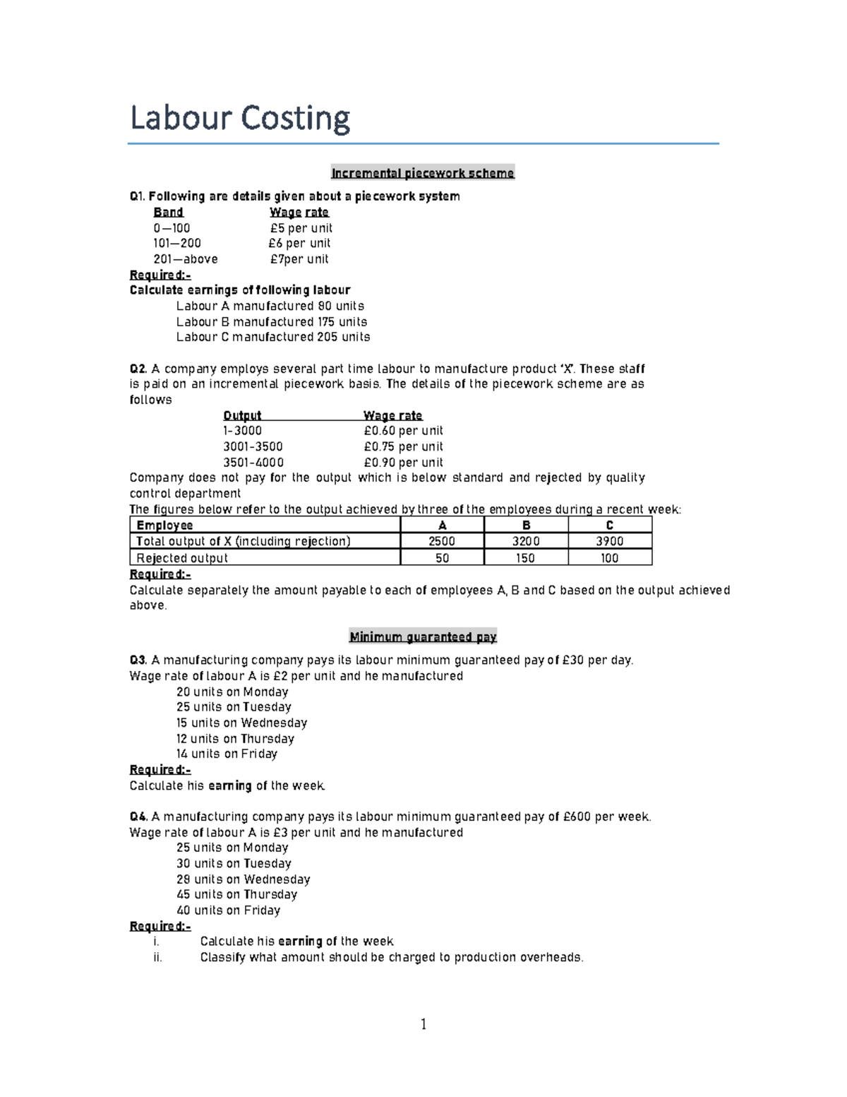 Labour costing - Labour Costing Incremental piecework scheme Q1 ...