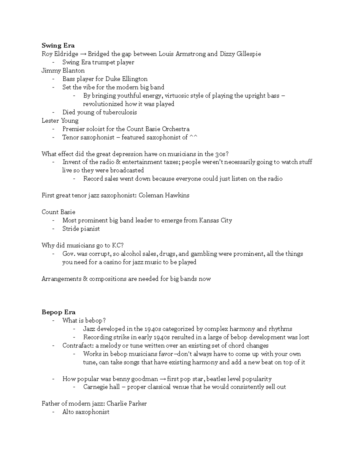 Quiz 2 Study Guide - Swing Era Roy Eldridge → Bridged the gap between ...