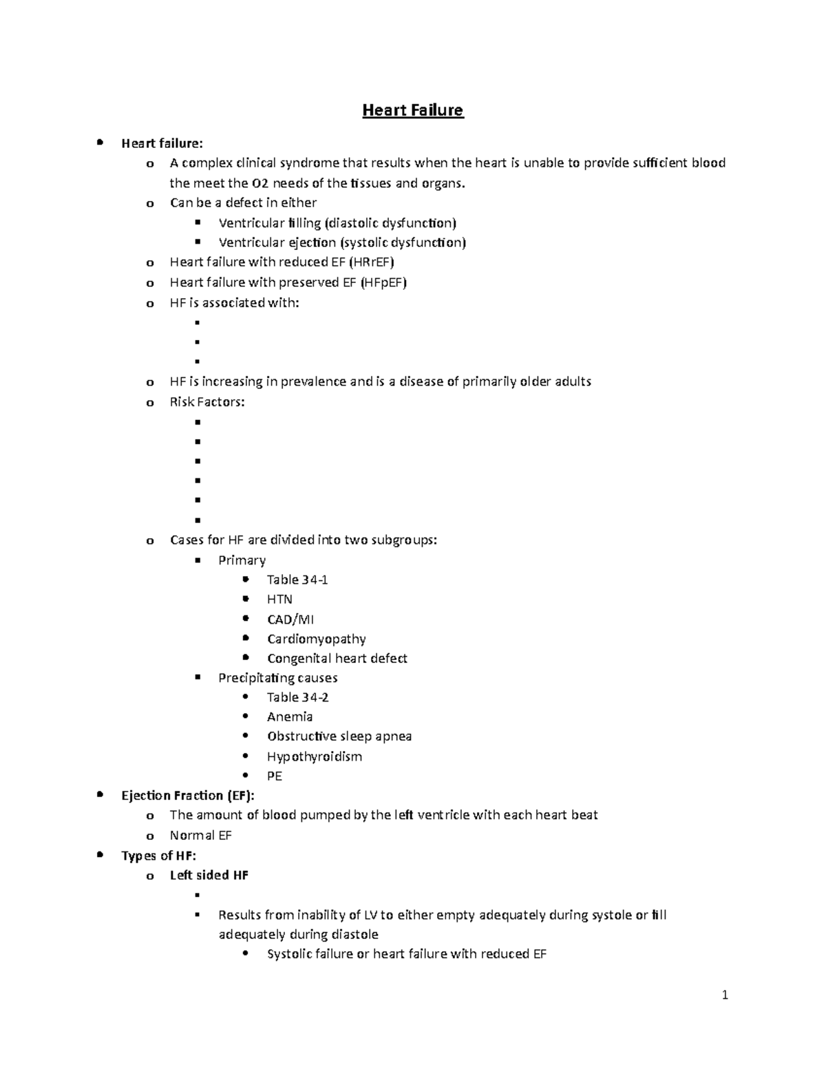 Heart Failure Notes-student version - Heart Failure Heart failure: o A ...