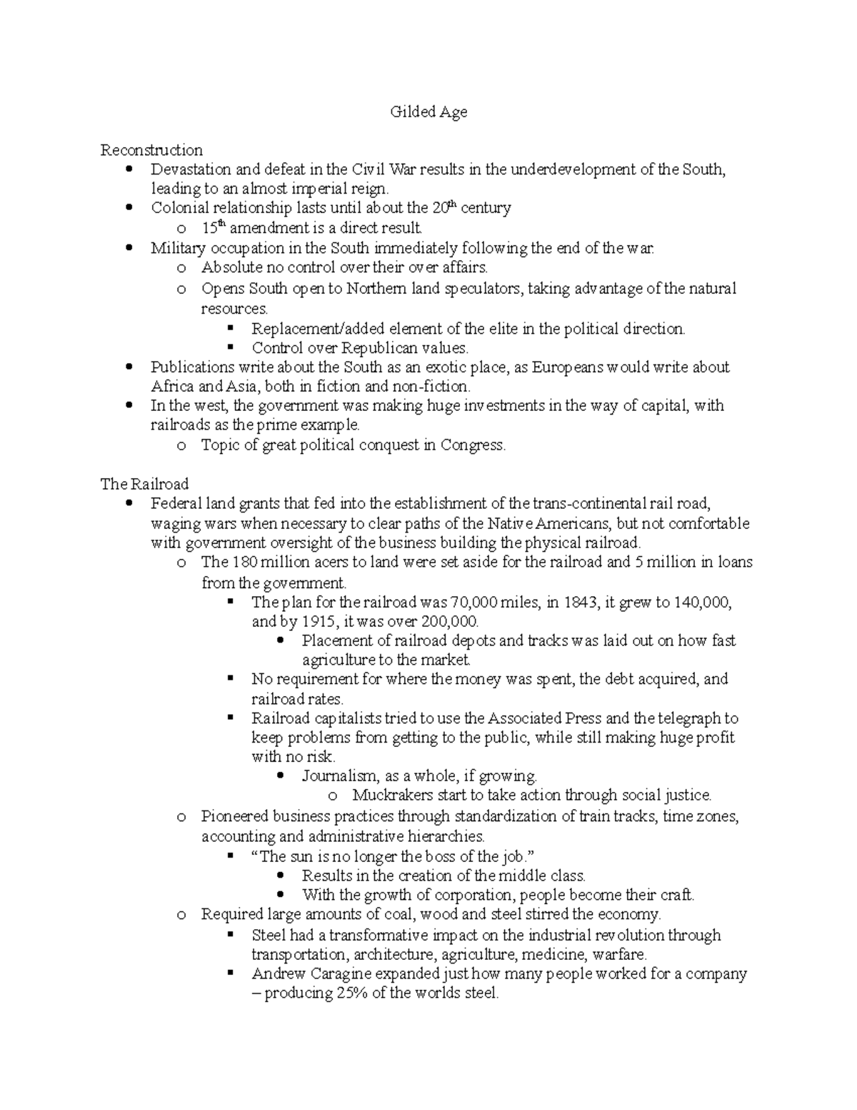 HIS 351 Notes - Gilded Age Reconstruction Devastation and defeat in the ...