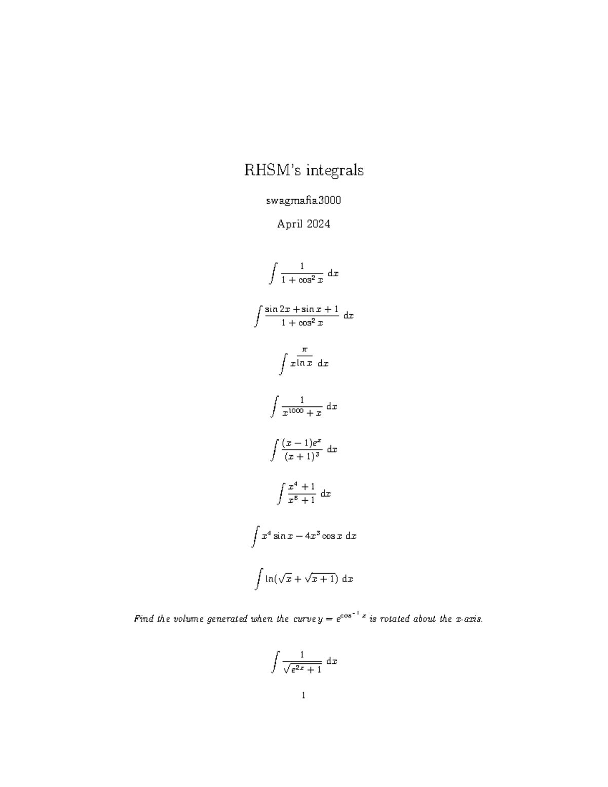 RSHM Integrals - book for practice - RHSM’s integrals swagmafia April ...