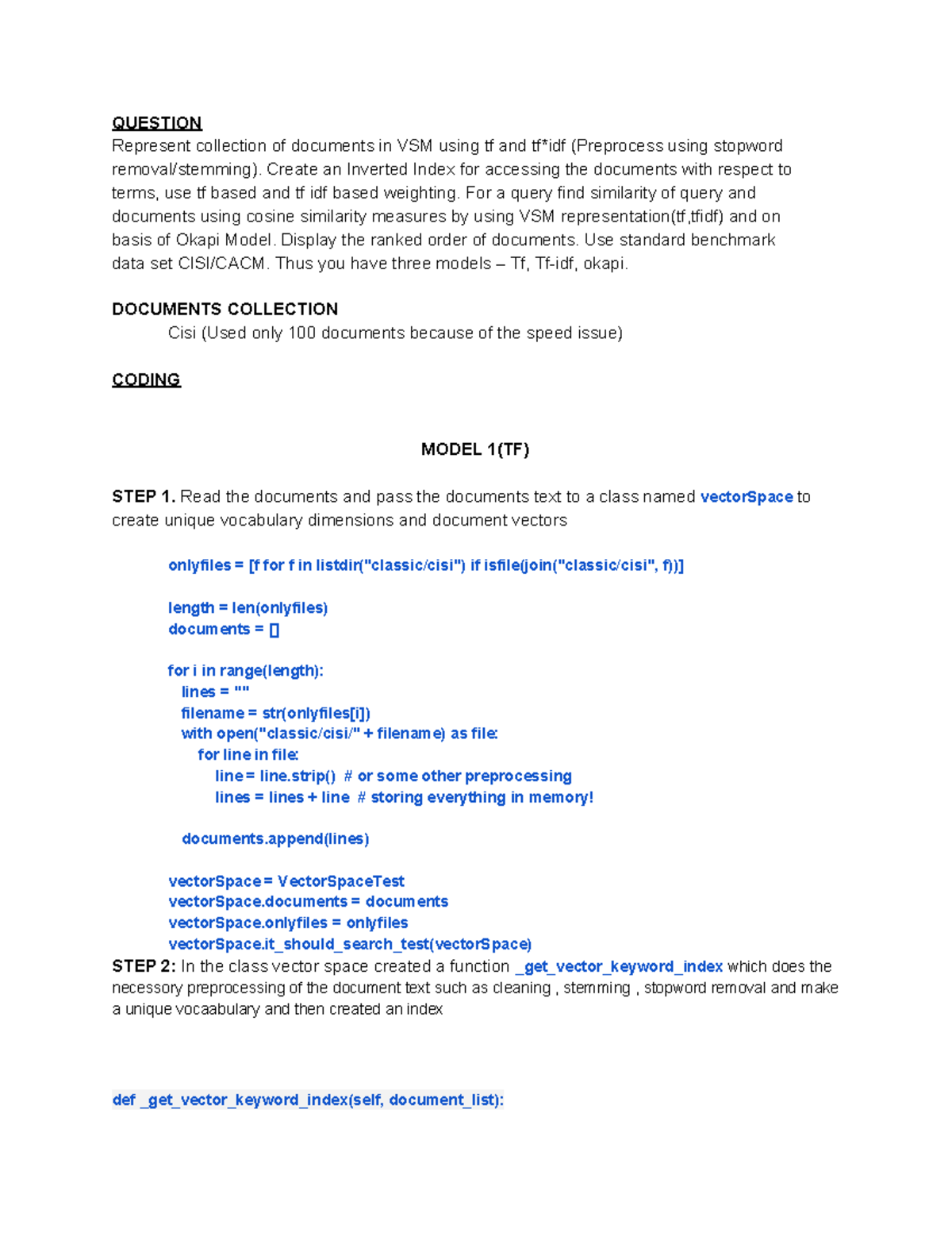 Assignment 4 - QUESTION Represent collection of documents in VSM using ...