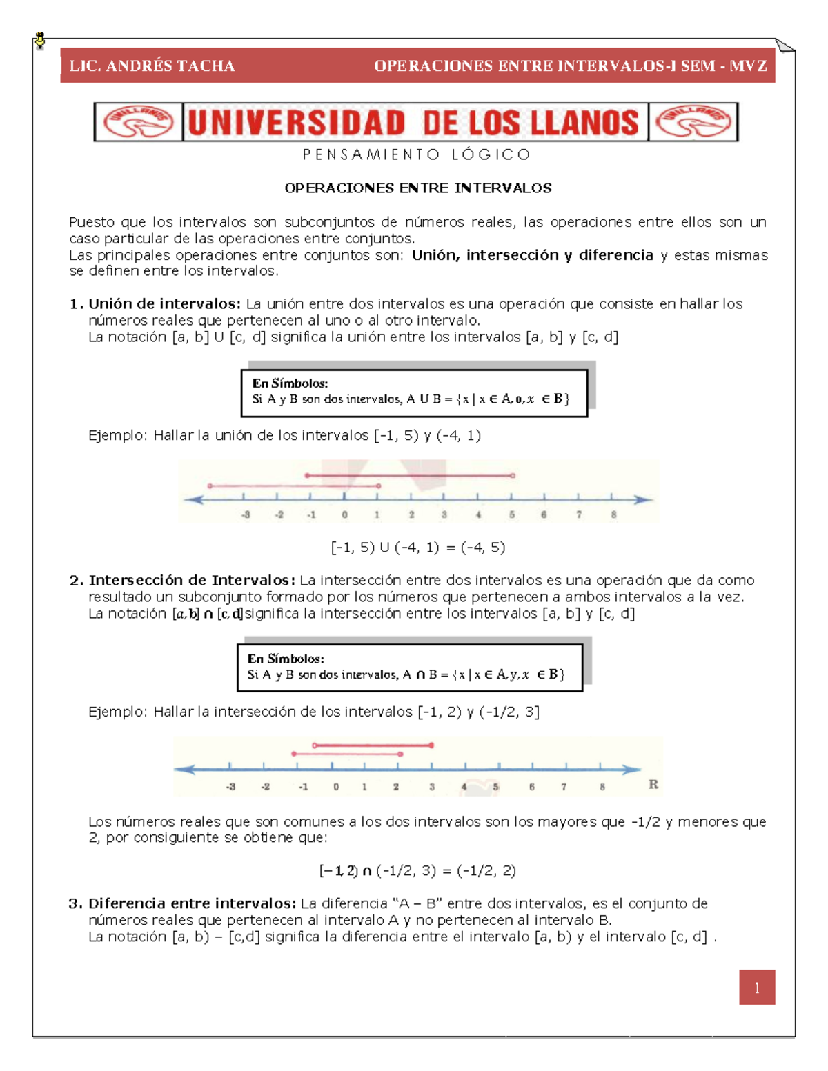 G4. Operaciones Intervalos - LIC. ANDRÉS TACHA OPERACIONES ENTRE INTERVALOS-I SEM - MVZ 1 P E N ...