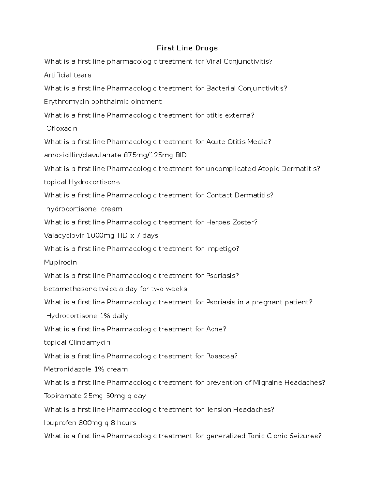 Pharm Study Guide - First Line Drugs What is a first line pharmacologic ...