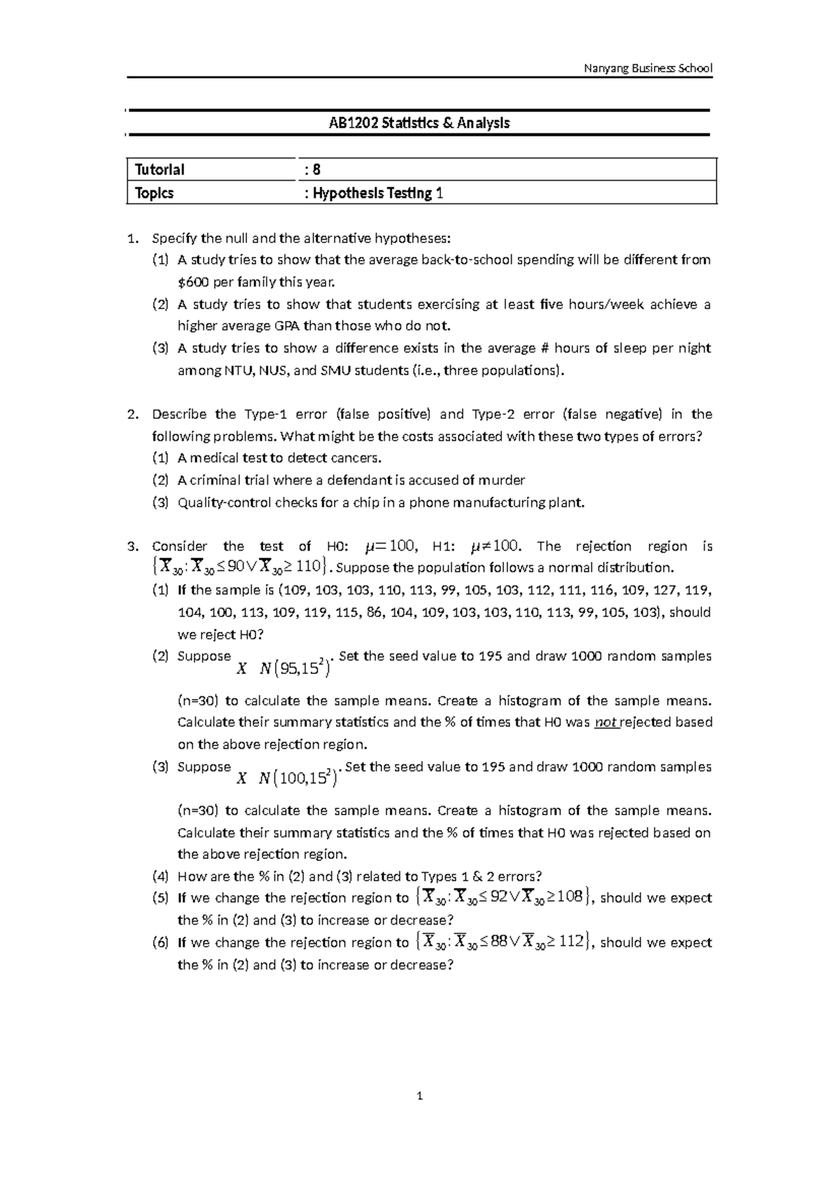 Questions week 8 - NIL - Nanyang Business School AB1202 Statistics & Analysis Tutorial : 8 - Studocu