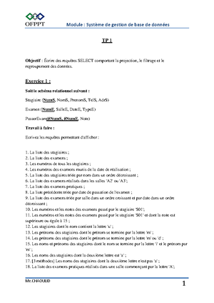 TP4 - tp 4sgbd - Mr TP 4 : Définition des données Exercice 1 : Soit le schéma relationnel ...