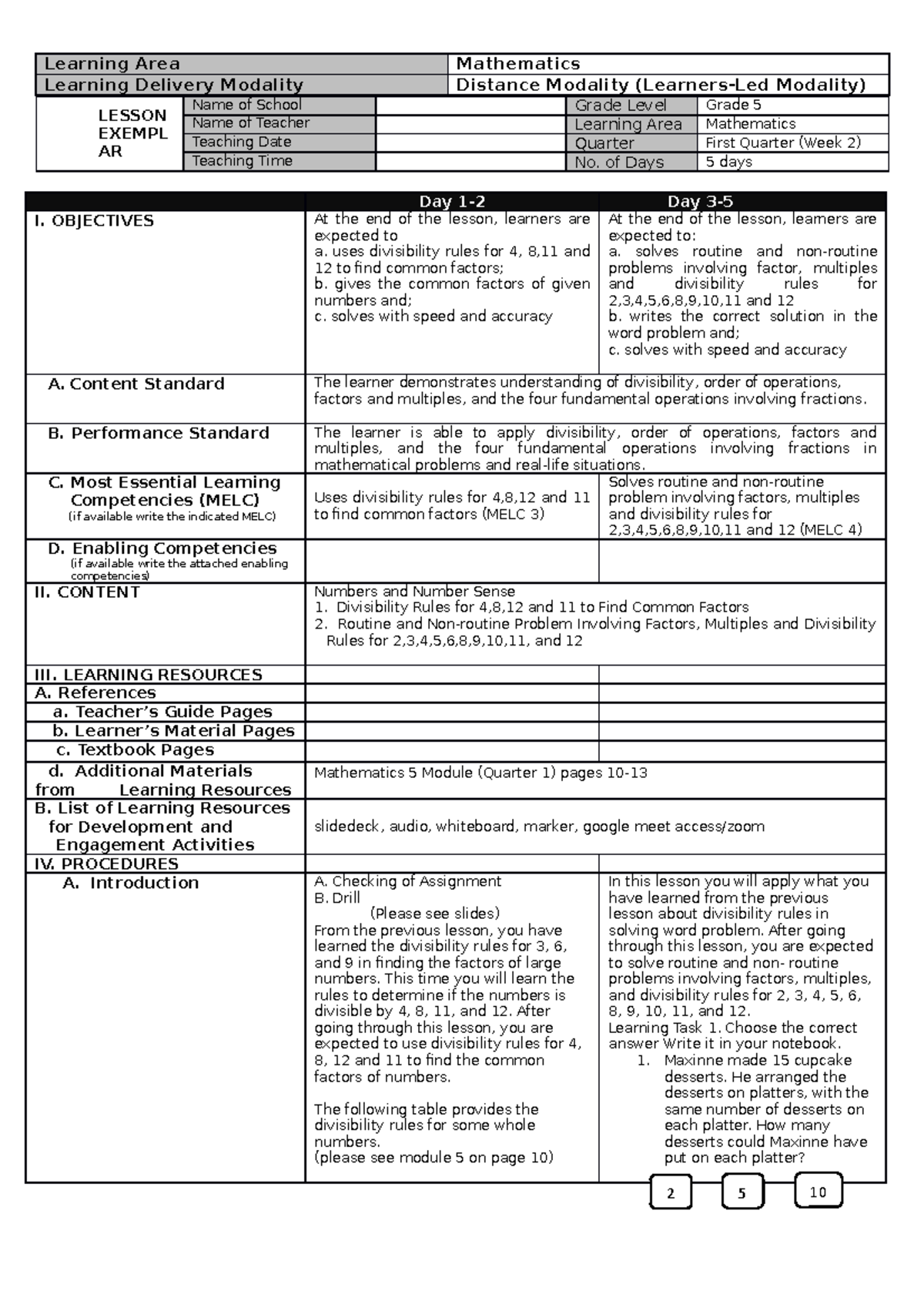 MATH 5 Q1 W2 A Lesson Plan Exemplar Is An Exceptional Example Of A