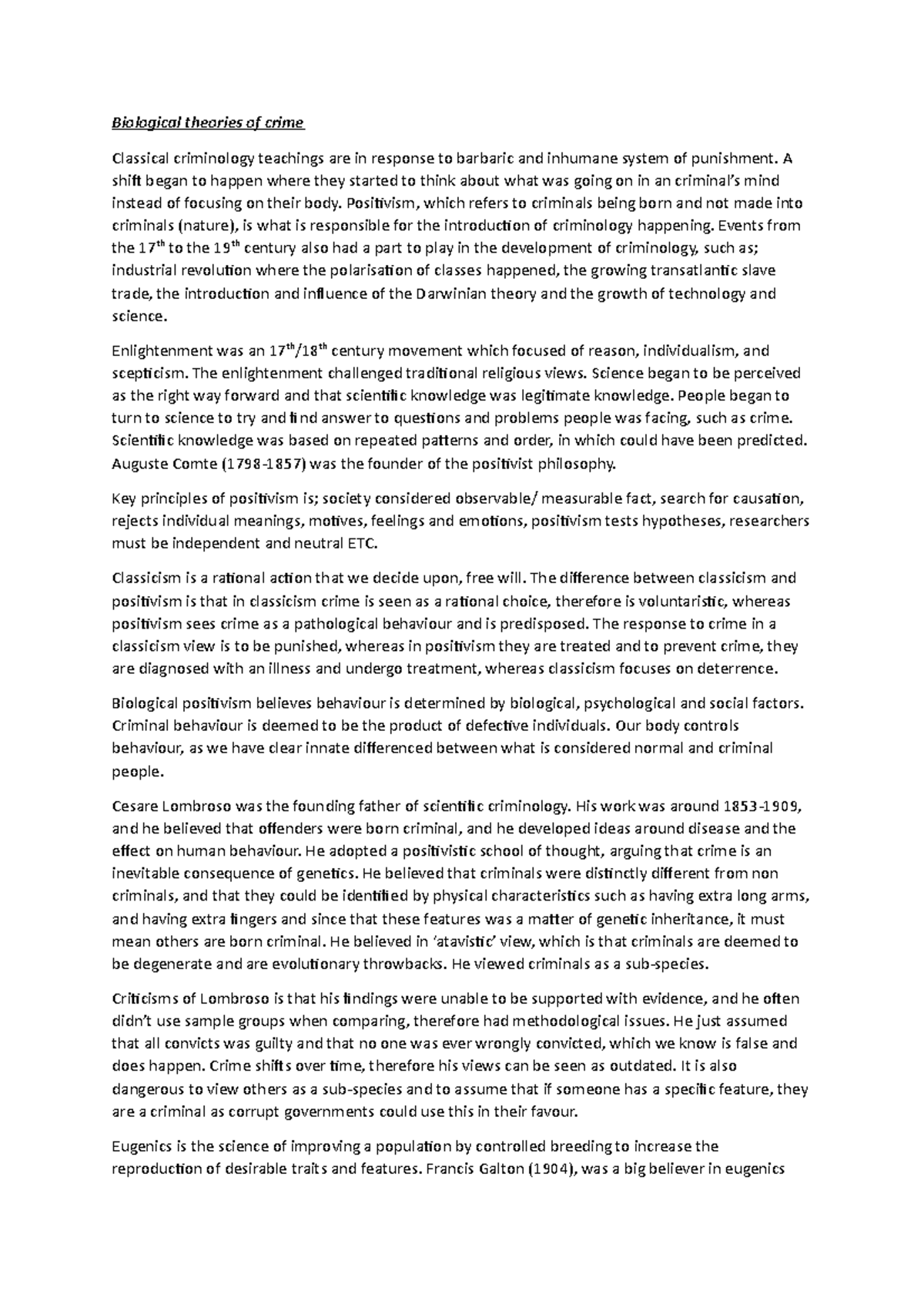 Biological theories of crime - CRI1124 - EdgeHill - Studocu