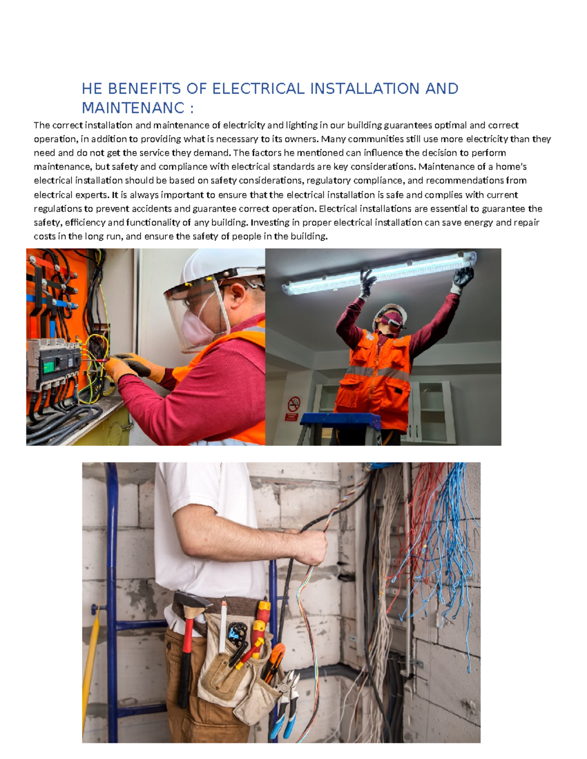HE Benefits OF Electrical Installation AND Maintenanc ingles - HE BENEFITS OF ELECTRICAL - Studocu