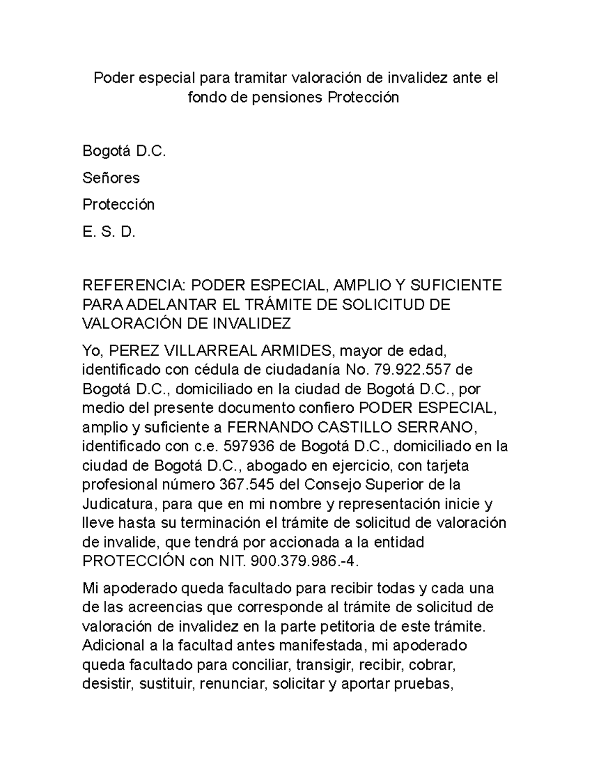 Poder especial para tramitar valoración de invalidez ante el fondo de ...