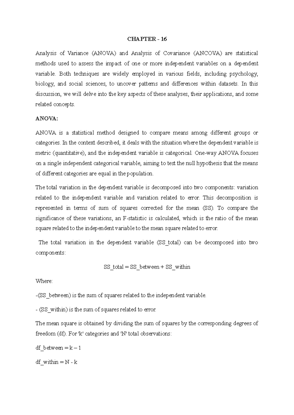 Analysis of Variance ( Anova) Chapter 16 - CHAPTER - 16 Analysis of ...
