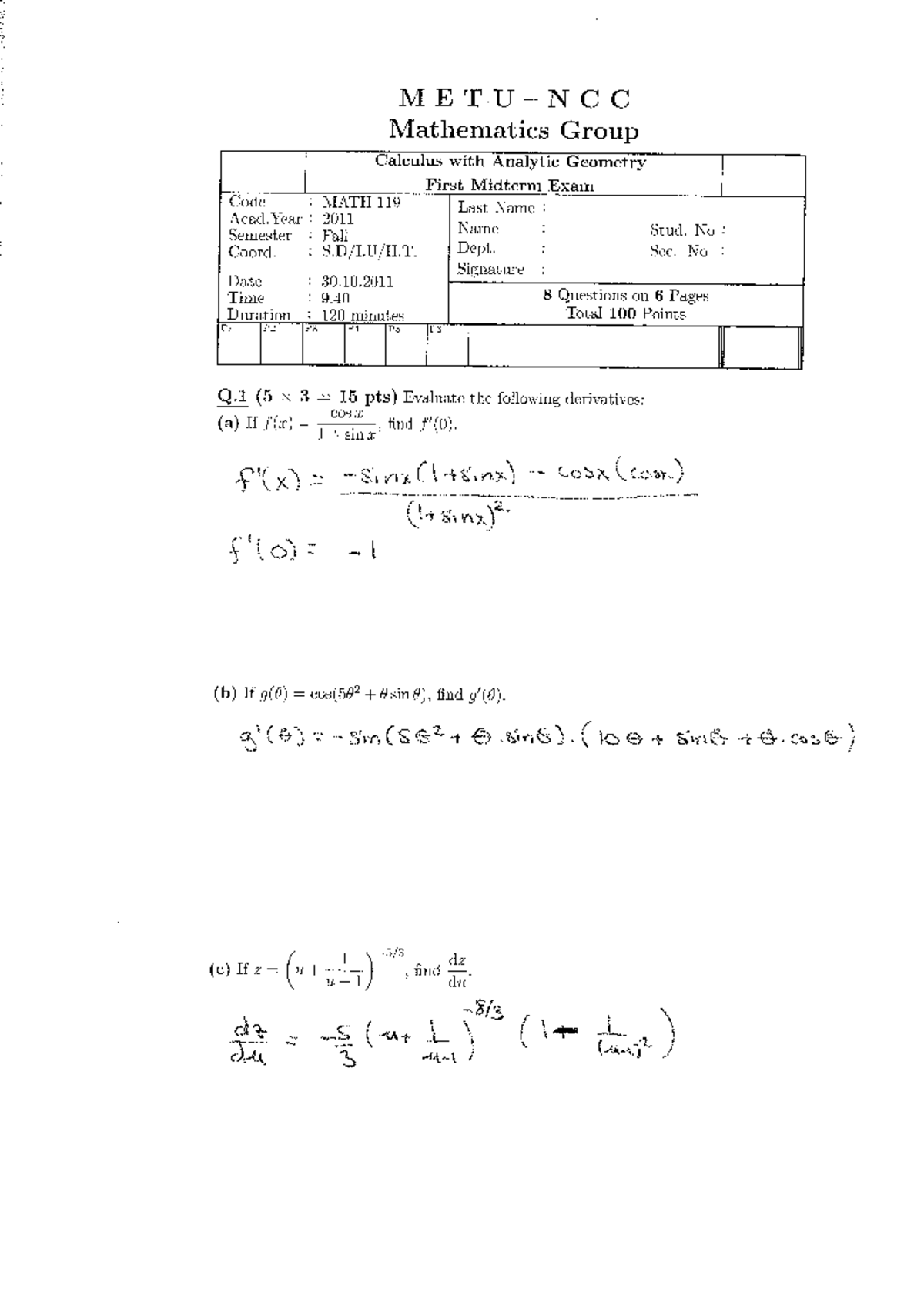 Midterm 1 - Mathematics Group Calculus with Analytic Geometry First Midterm Exam Code : MATH 119 ...