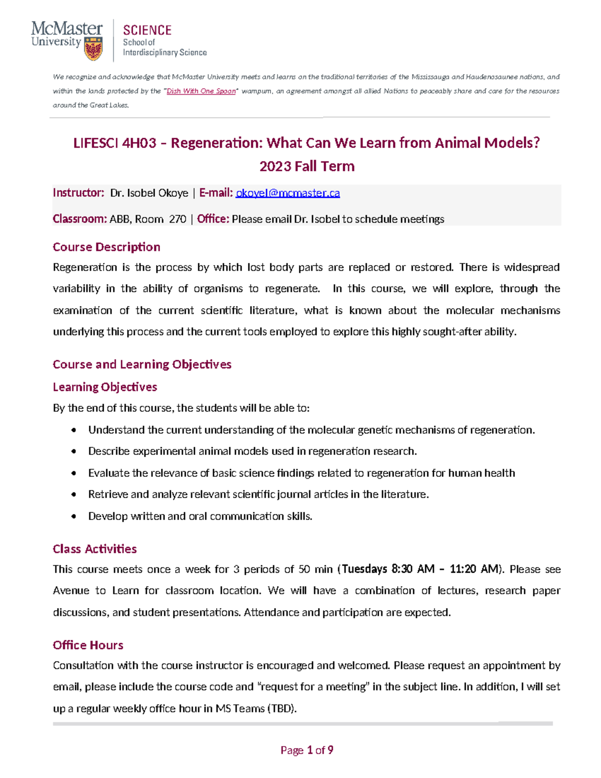 Lifesci-4H03 course outline - We recognize and acknowledge that ...