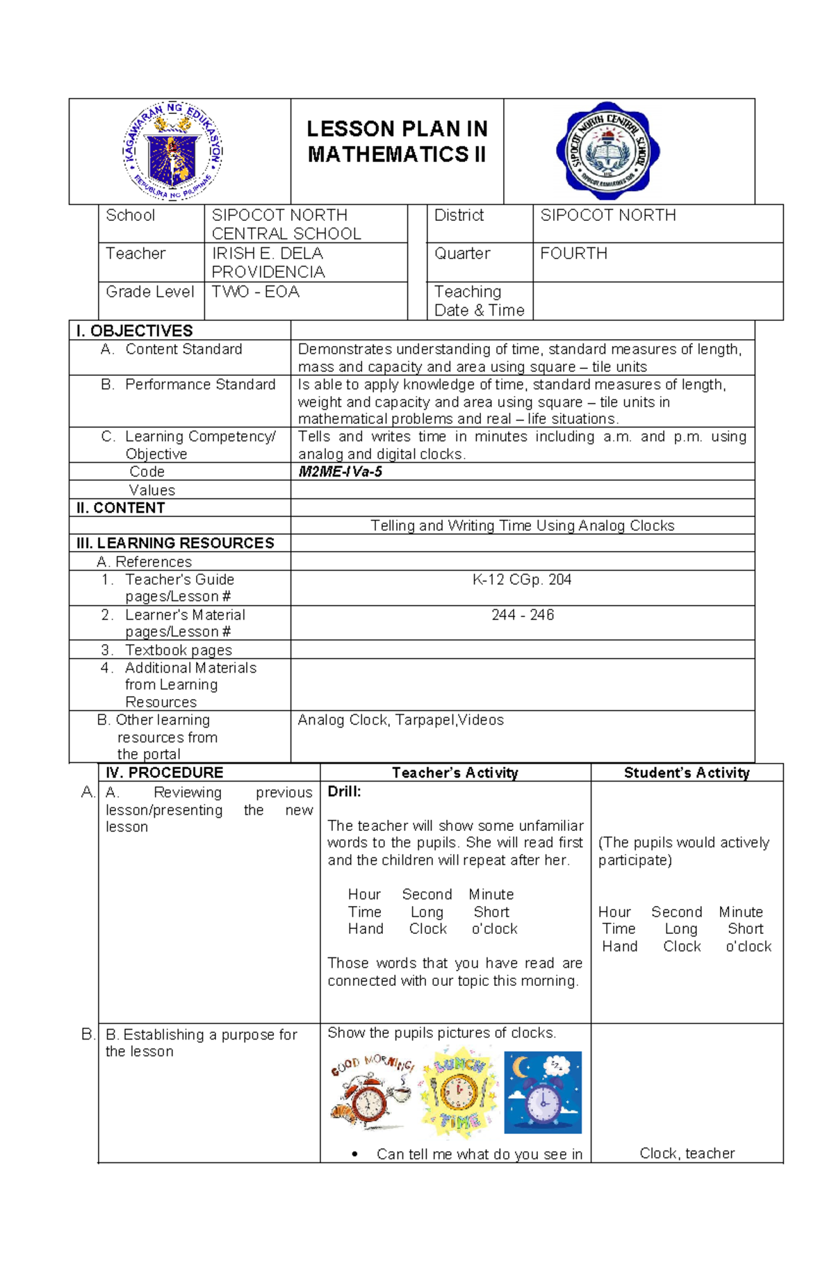 Lesson PLAN IN Mathematics II - TIME - LESSON PLAN IN MATHEMATICS II ...