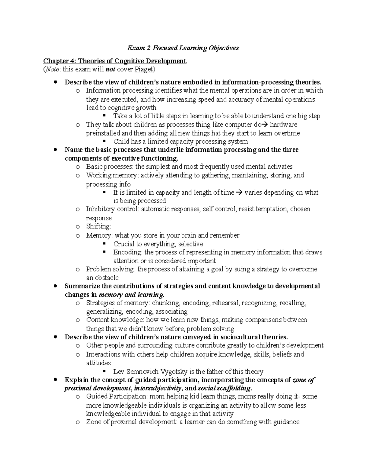 Exam 2 Focused Learning Objectives - o Information processing ...