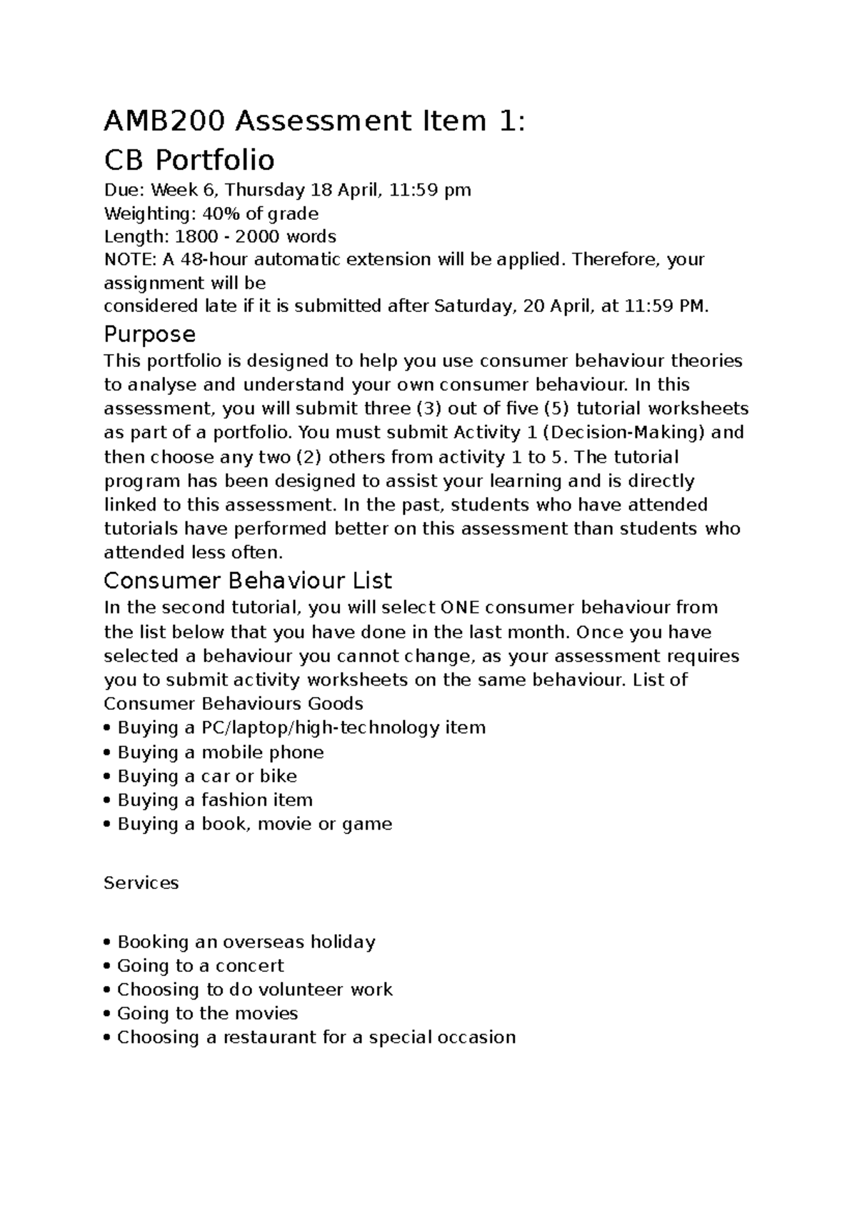 AMB200 Assessment Item 1 instructions - AMB200 Assessment Item 1: CB ...