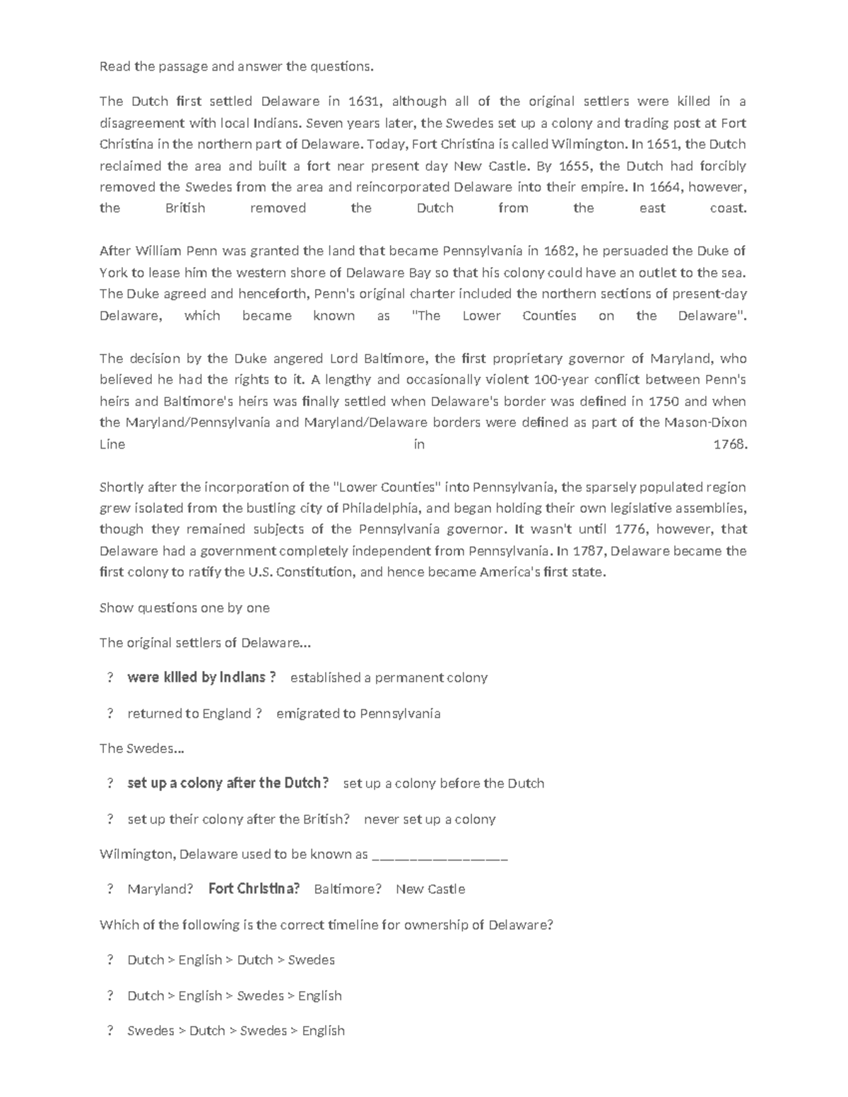 Delaware Colony - INGLES - Read the passage and answer the questions ...