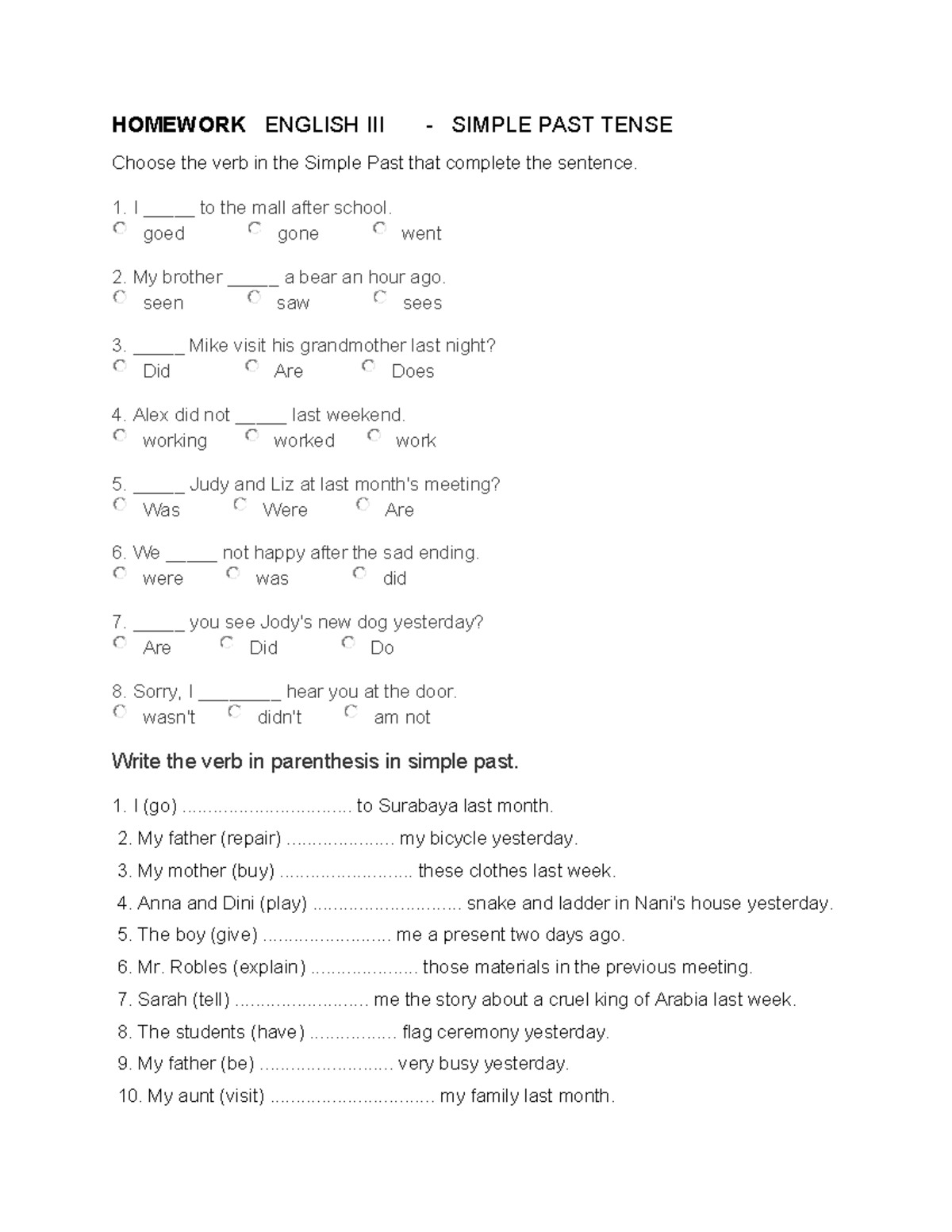 Simple PAST Tense Homework - HOMEWORK ENGLISH III - SIMPLE PAST TENSE ...