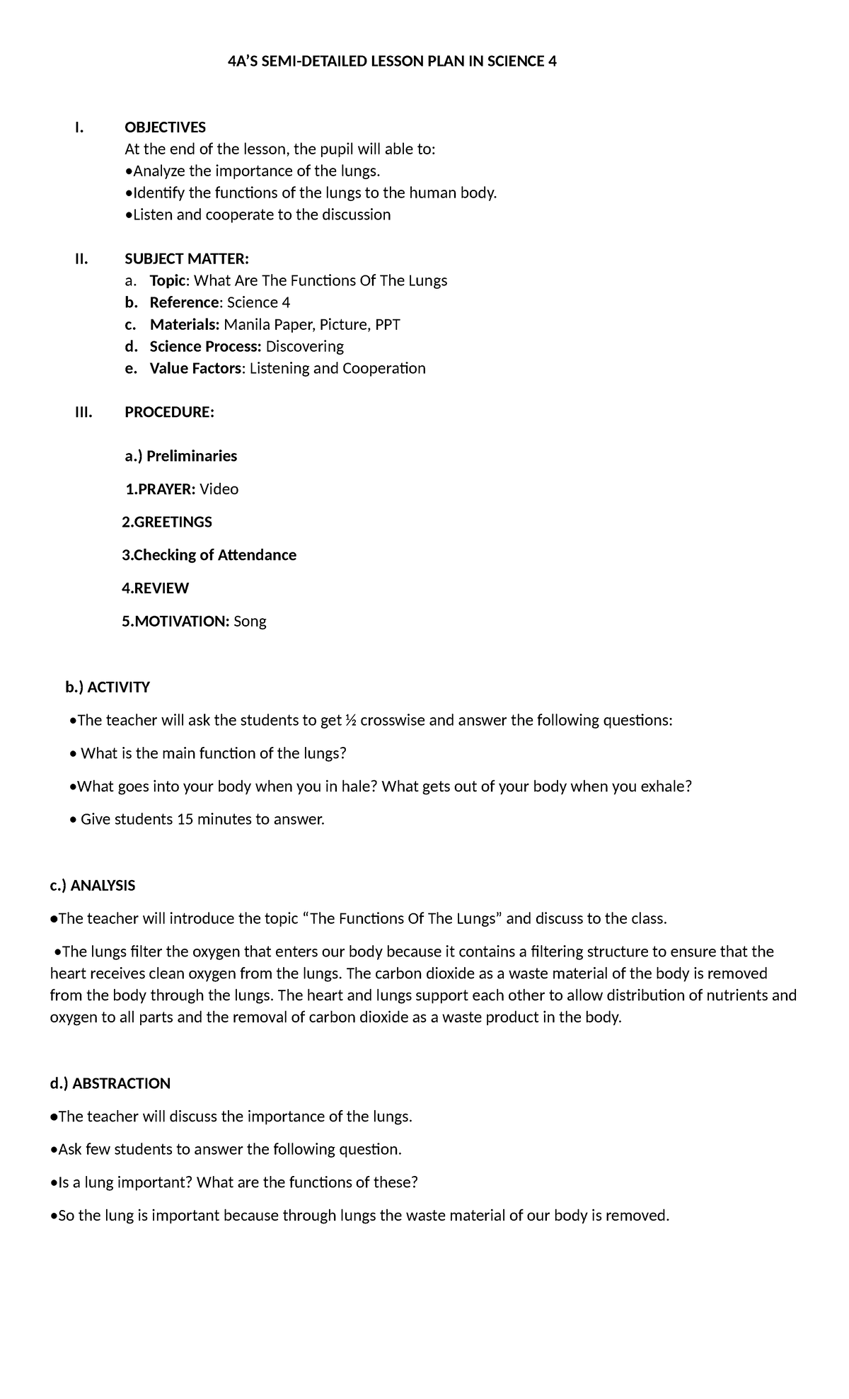 Lesson PLAN - Dksks - 4A’S SEMI-DETAILED LESSON PLAN IN SCIENCE 4 I ...