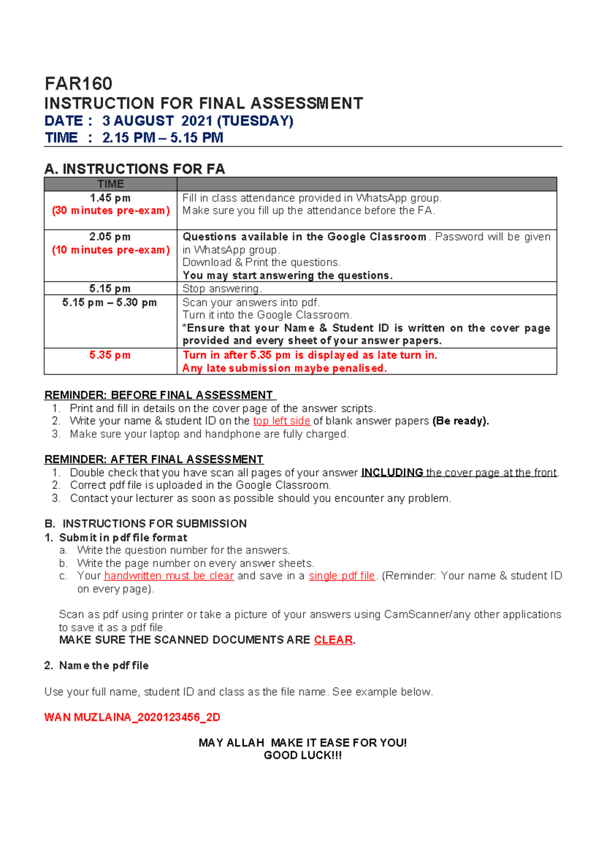 3. FAR160 guidline - FAR INSTRUCTION FOR FINAL ASSESSMENT DATE : 3 ...