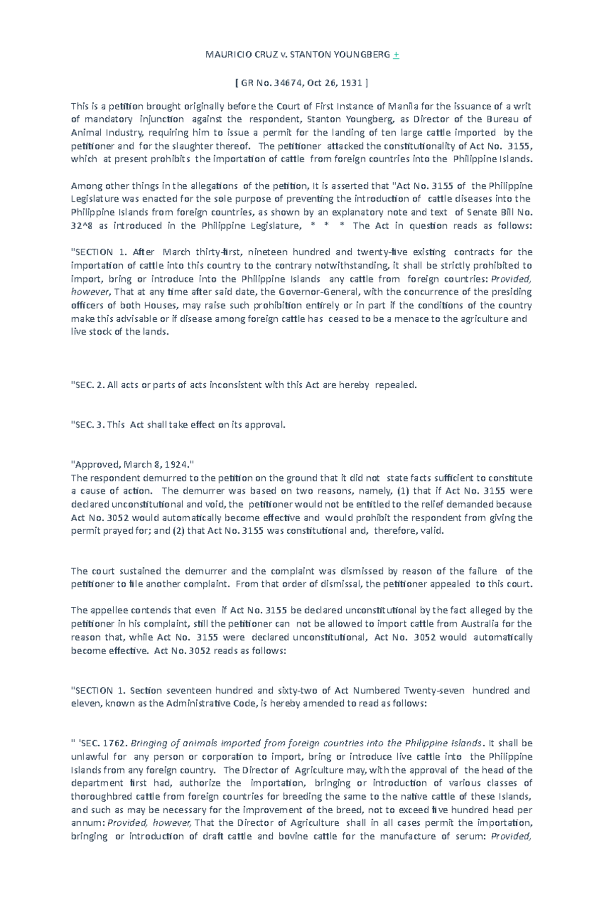 Quasi-Legislative Powers - MAURICIO CRUZ v. STANTON YOUNGBERG + [ GR No ...