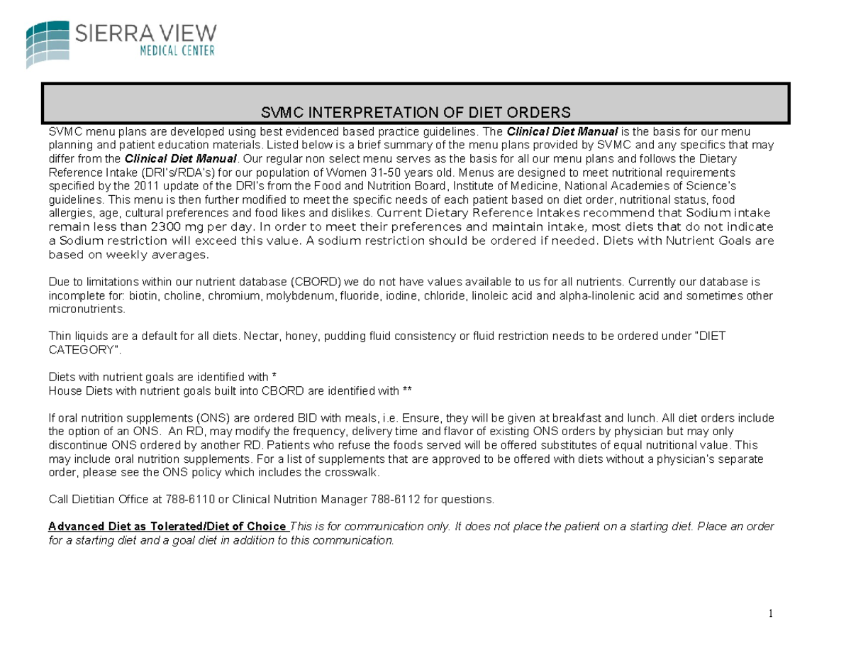 SVMC Interpretation of Diet Orders 2021 rev - SVMC INTERPRETATION OF ...