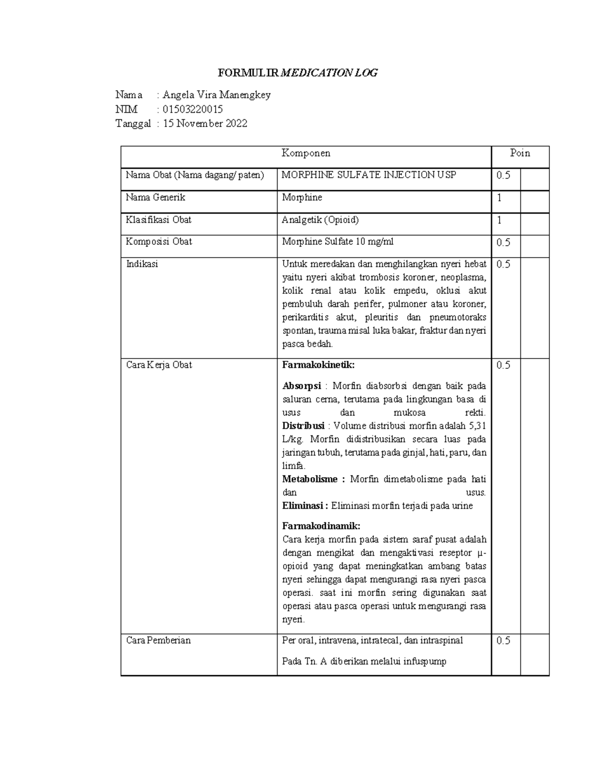 Medication Log - FORMULIR MEDICATION LOG Nama : Angela Vira Manengkey ...