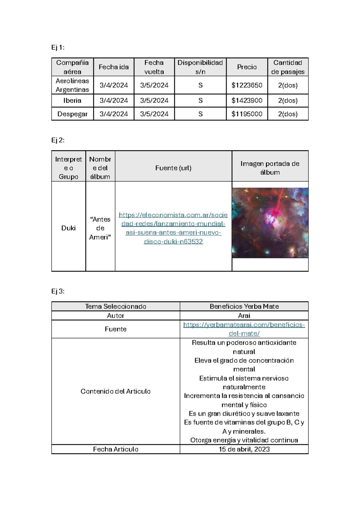 TP5 - tp5 de word - Ej 1: Compañía aérea Fecha ida Fecha vuelta Disponibilidad s/n Precio ...