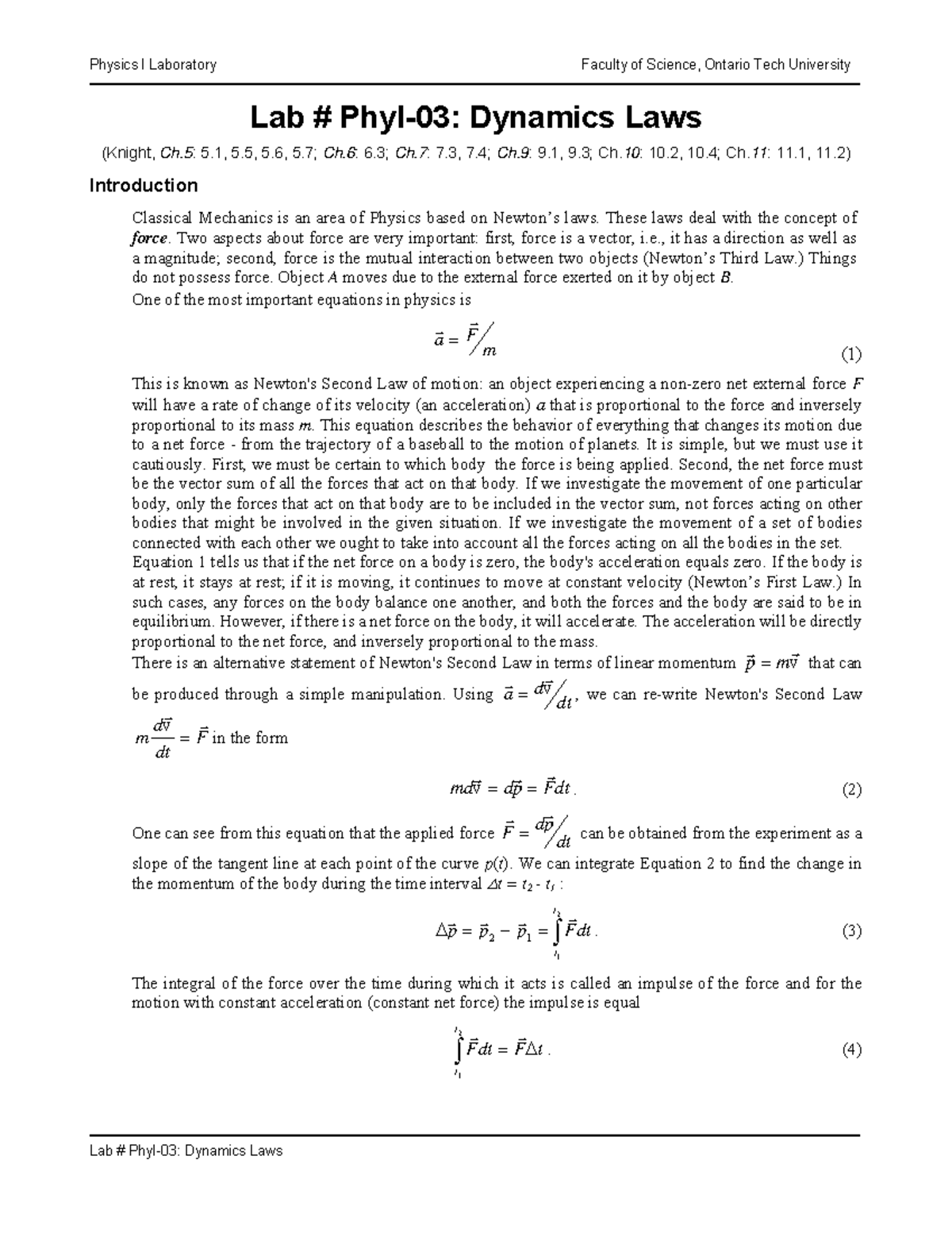 Dynamics - Lab work - Lab # PhyI-03: Dynamics Laws Lab # PhyI-03 ...