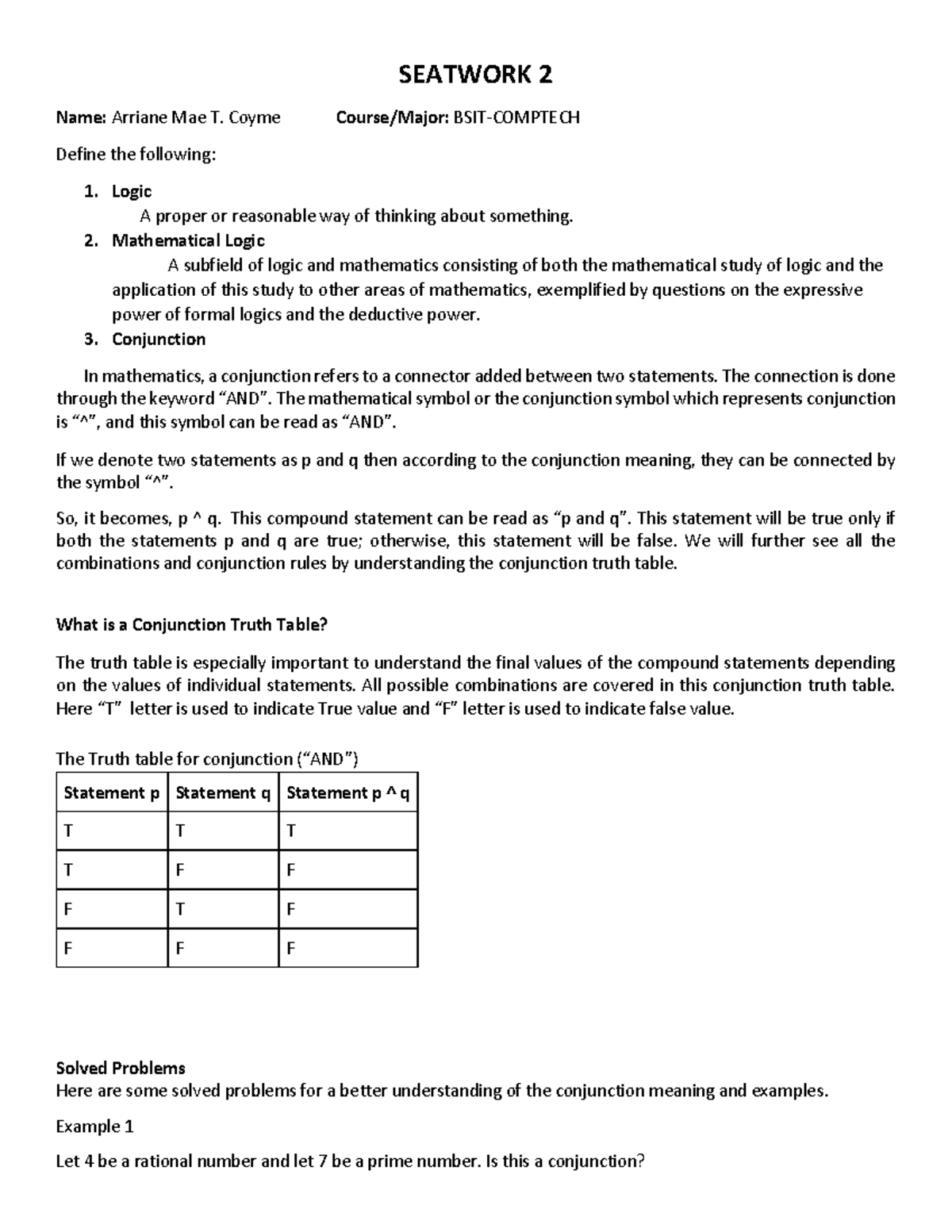 Math Logic Statements in Truth Table - BSEd-Mathematics - CTU - Studocu
