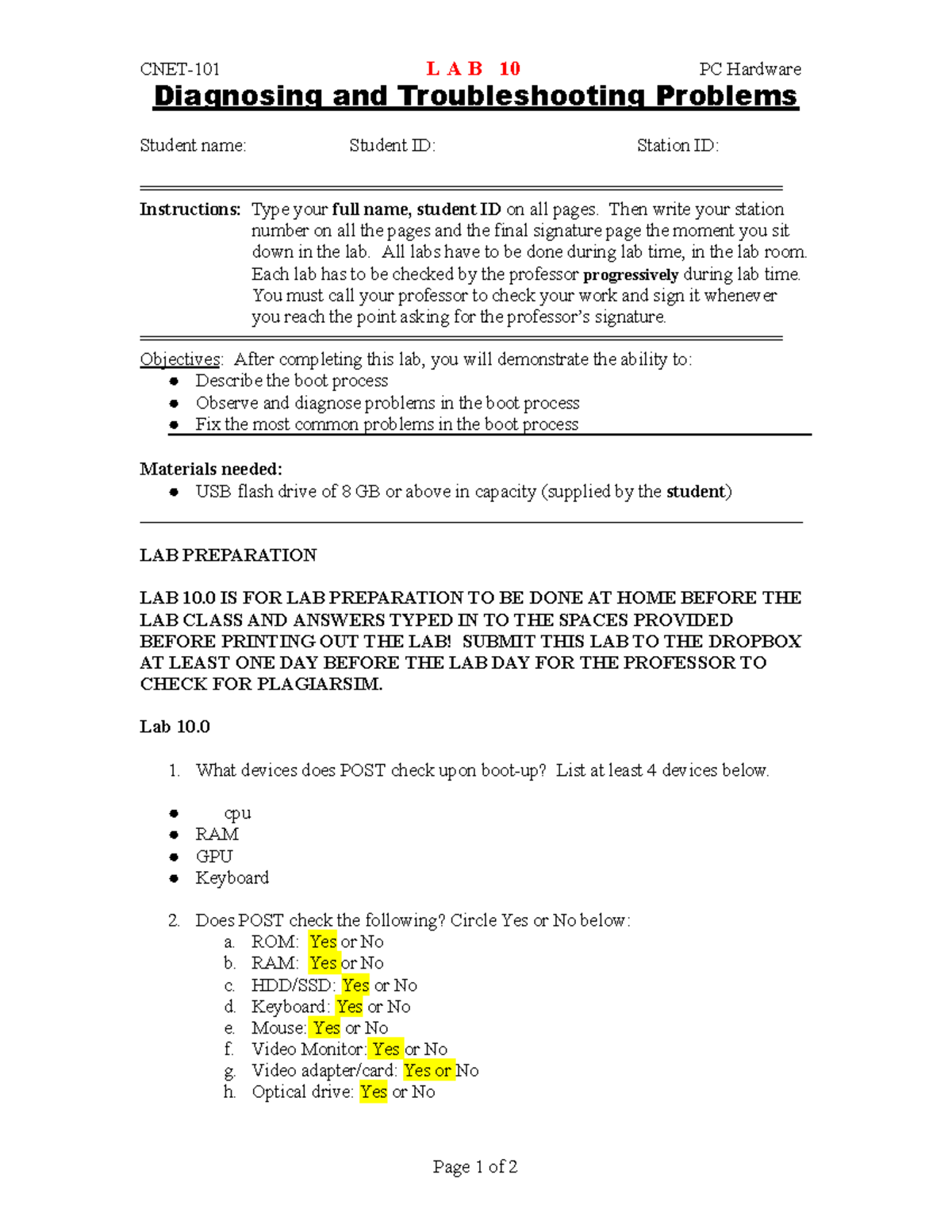 Lab 10 - Diagnosing and Troubleshooting Problems - CNET-101 L A B 10 PC ...