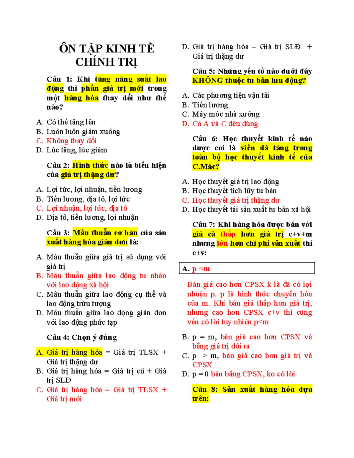 ôn-thi-kthp - Tài liệu tham khảo - ÔN TẬP KINH TẾ CHÍNH TRỊ Câu 1: Khi tăng năng suất lao động ...