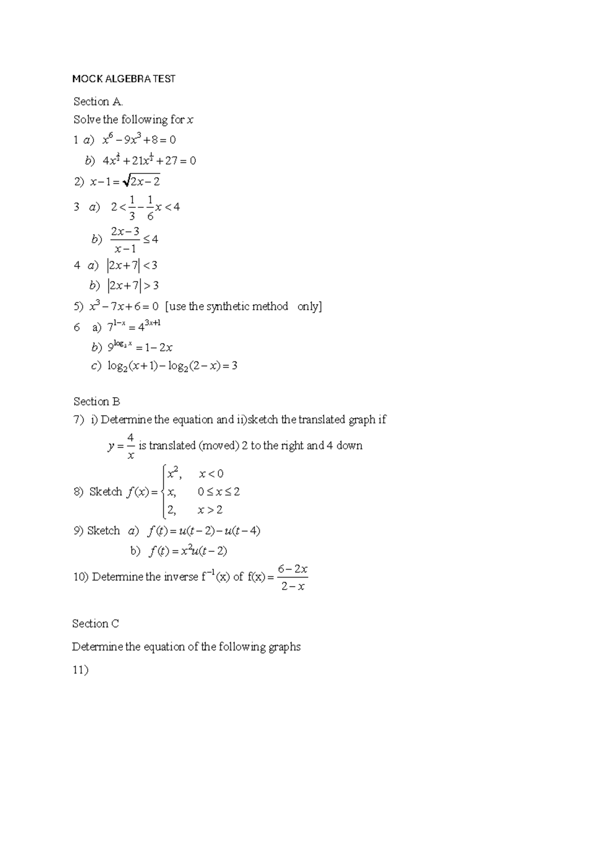 MOCK Algebra TEST - MOCK ALGEBRA TEST 23 3 6 3 3 1 3 1 log 2 2 Section ...