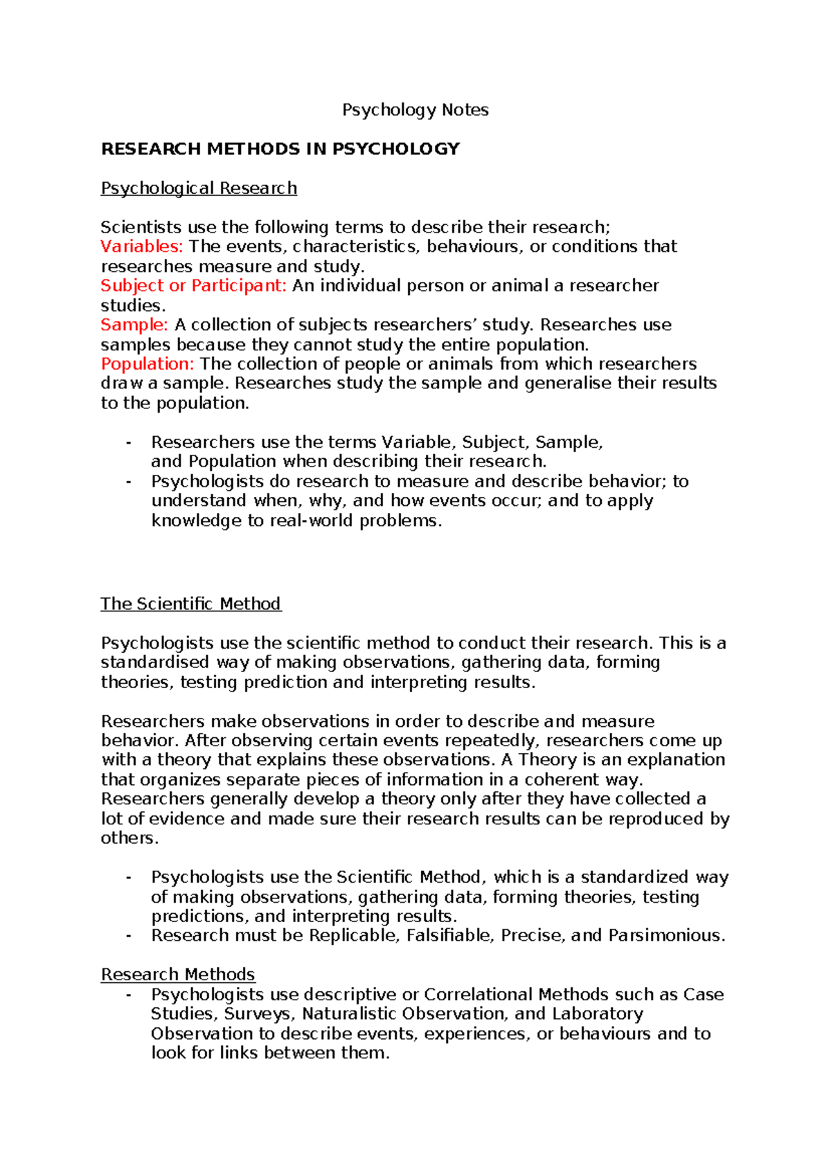 Psychology Notes - Psychology Notes RESEARCH METHODS IN PSYCHOLOGY ...