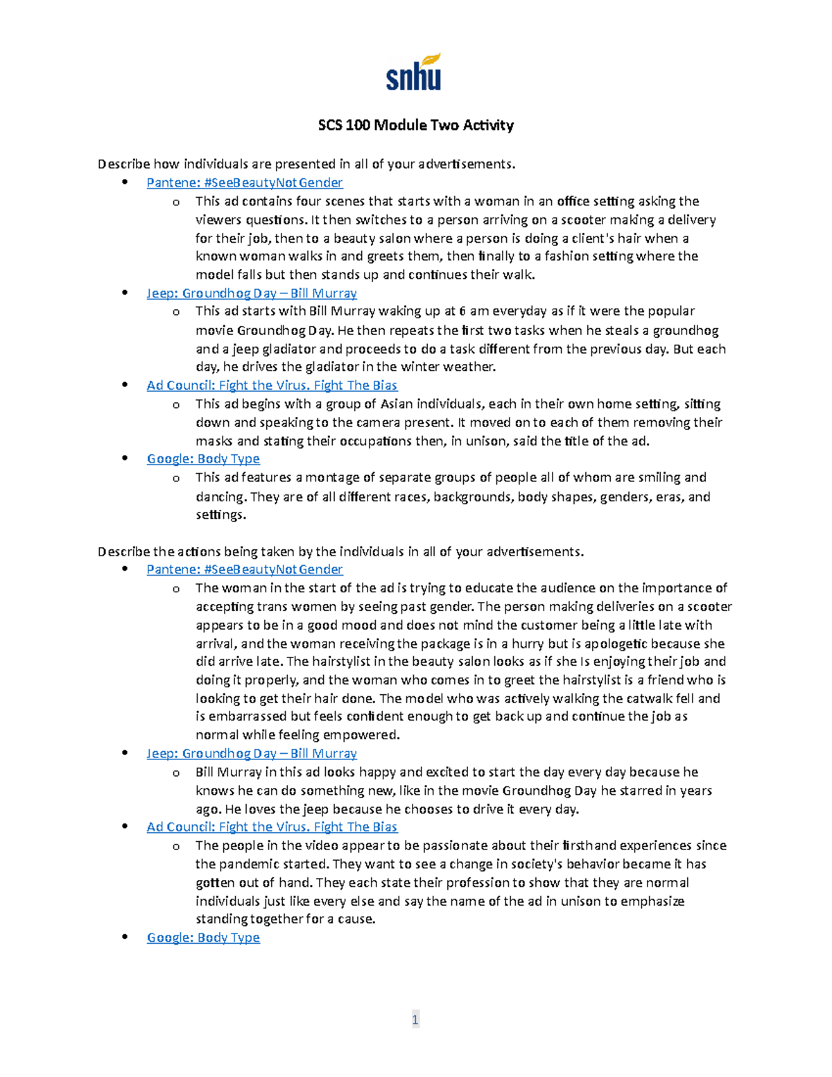 SCS 2-2 Activity Individual Representation in Advertisements - SCS 100 ...
