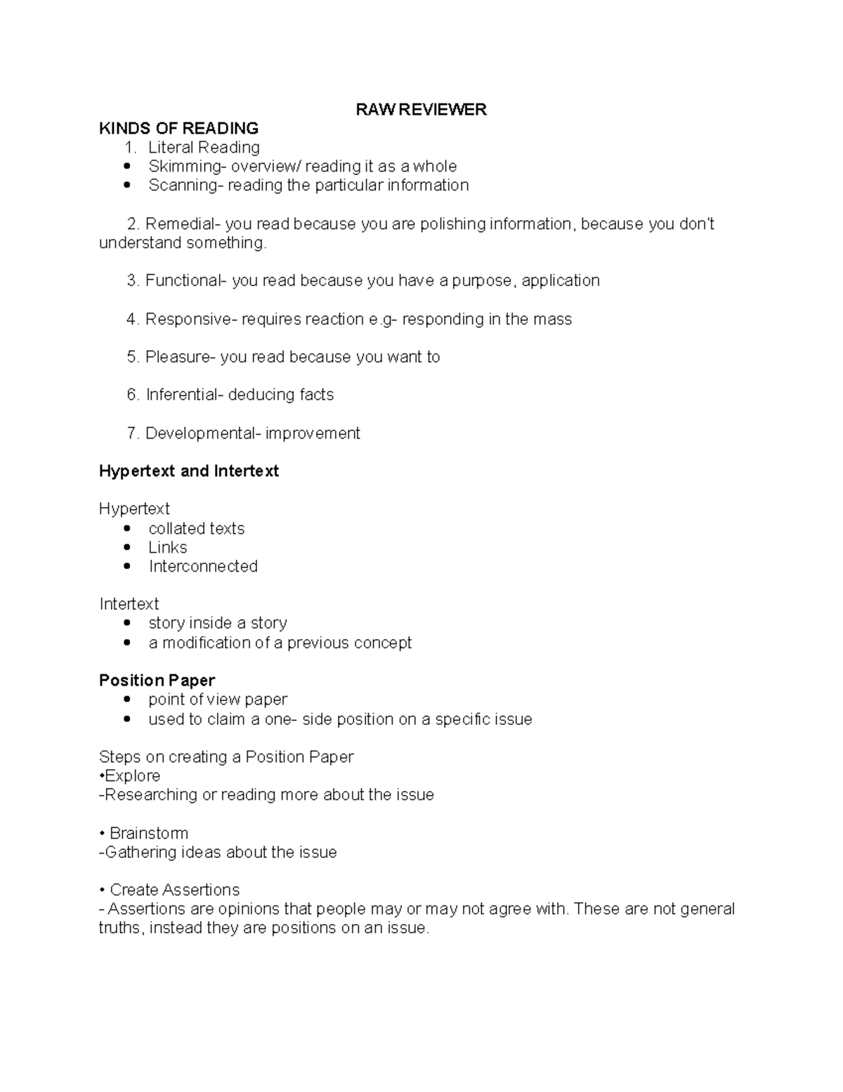 RAW- Reviewer - RAW REVIEWER KINDS OF READING Literal Reading Skimming ...