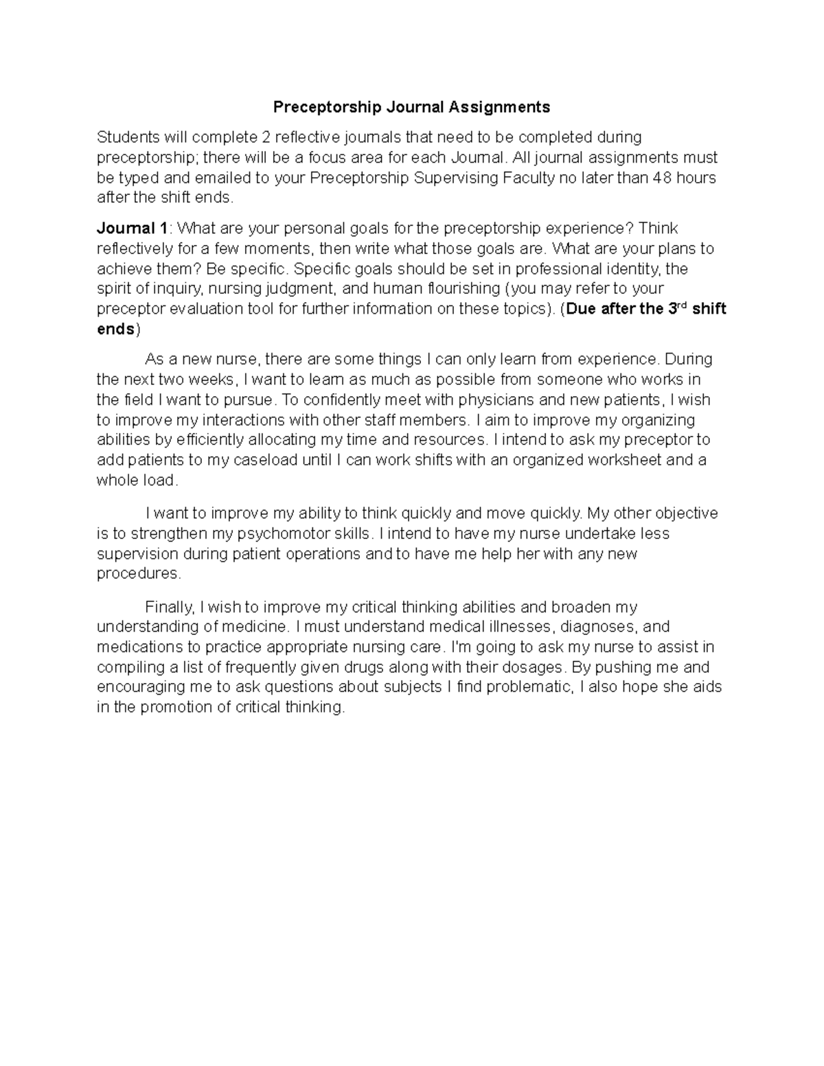 Preceptorship Journal Assignment #1 - Preceptorship Journal Assignments ...