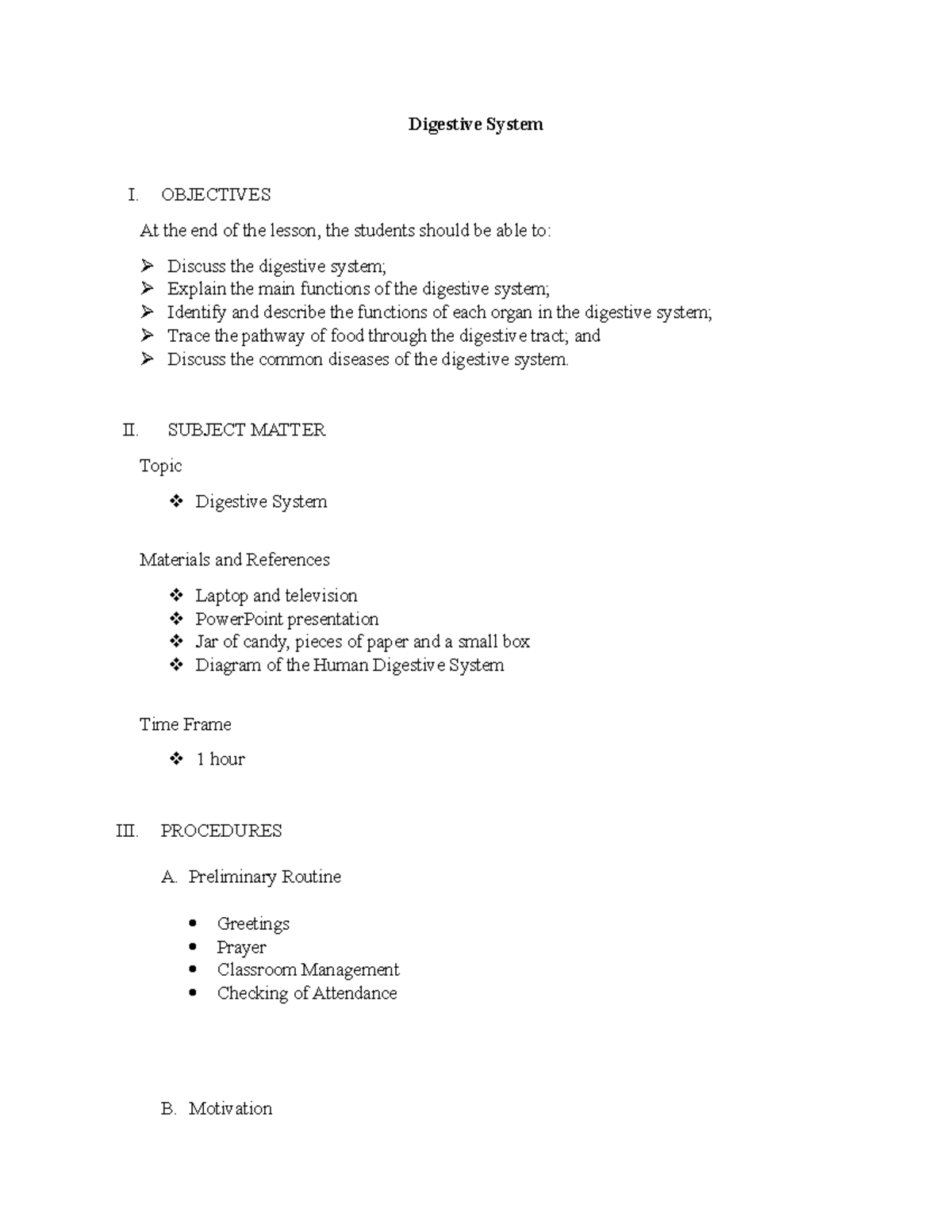 Lesson Plan - Digestive System - Digestive System I. OBJECTIVES At the ...