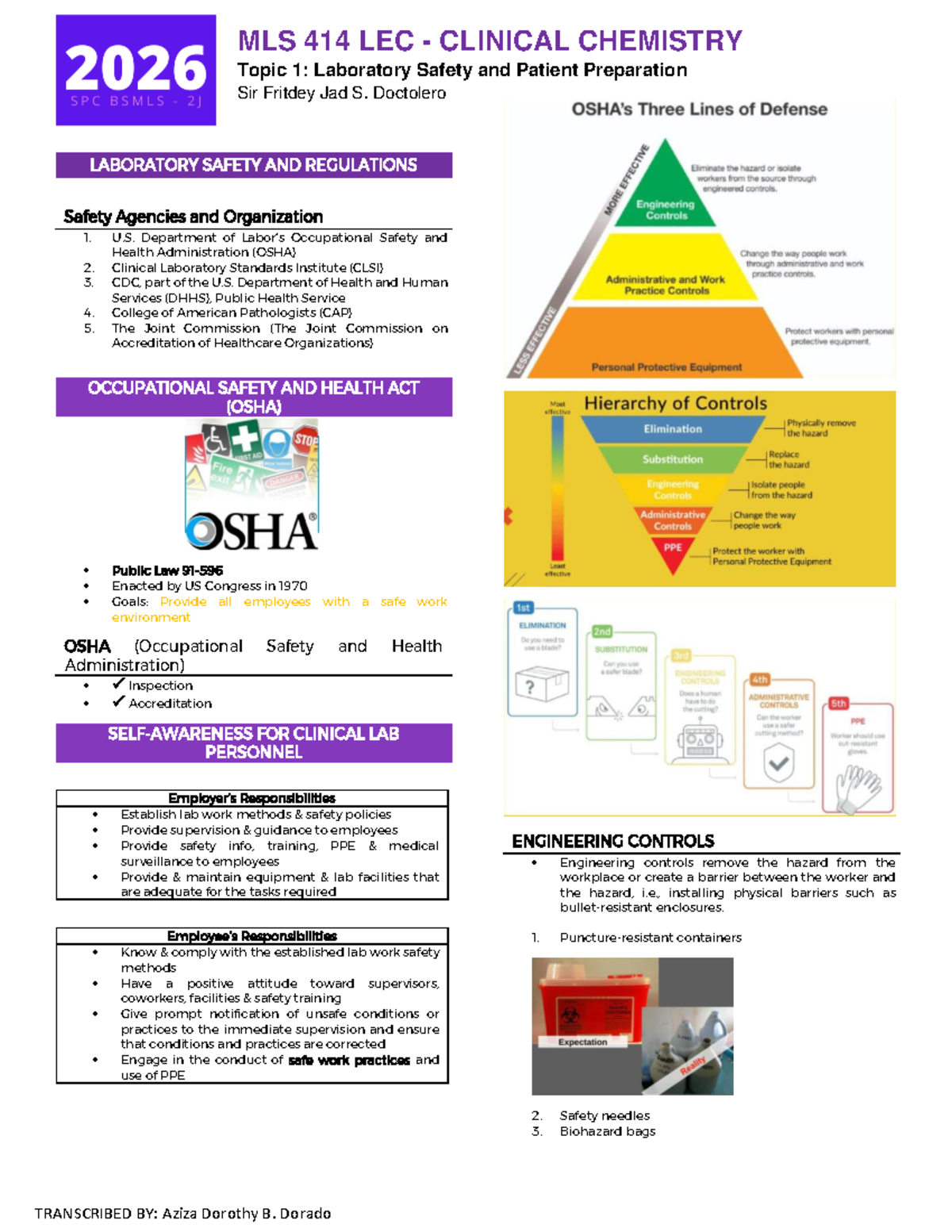 CC LEC Topic 1 - Laboratory Safety AND Patient Preparation - MLS 414 ...