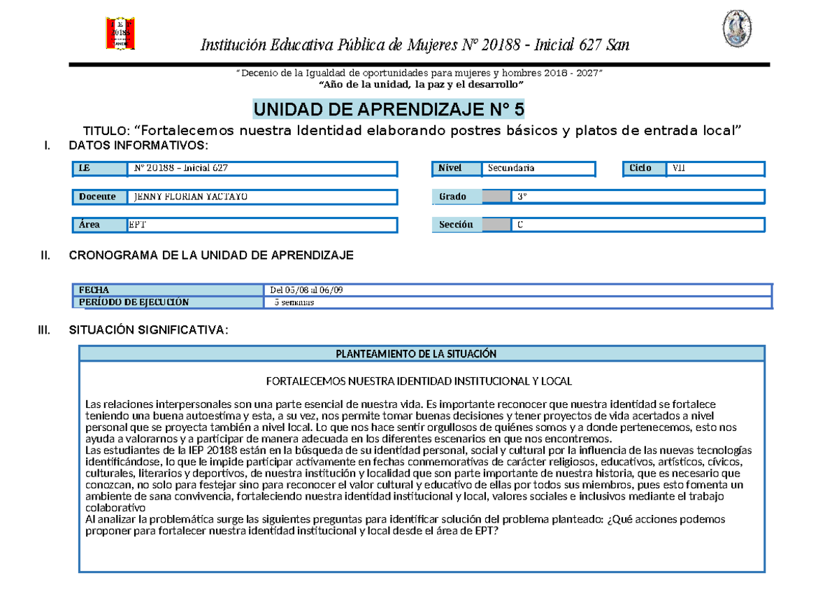 Unidad DE Aprendizaje .N °5 3RO C EPT imprimir fin - Vicente“Decenio de la Igualdad de ...