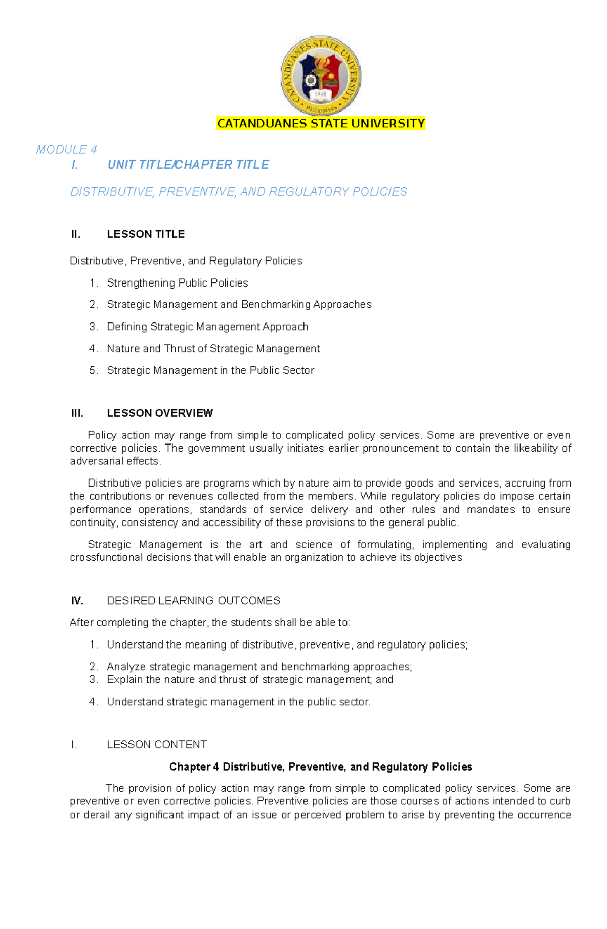 Public Policy Module 4 - MODULE 4 I. UNIT TITLE/CHAPTER TITLE ...