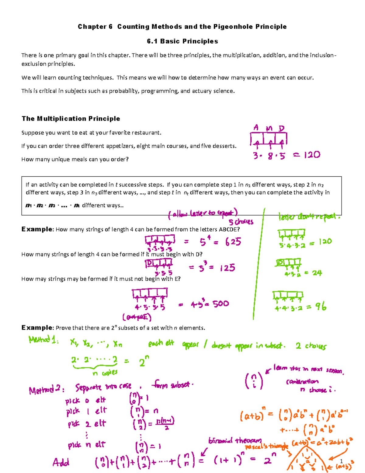 6 - Chapter 6 Review - Chapter 6 Counting Methods and the Pigeonhole ...