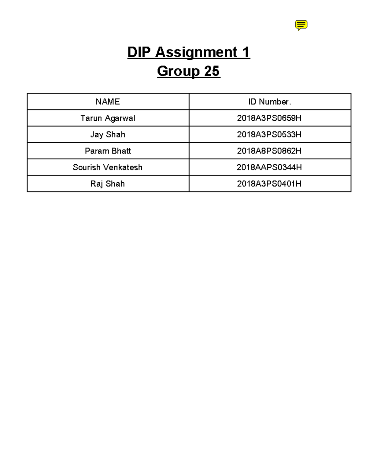 DIP Assign. 1 - DIP Assignment 1 Group 25 NAME ID Number. Tarun Agarwal 2018A3PS0659H Jay Shah ...