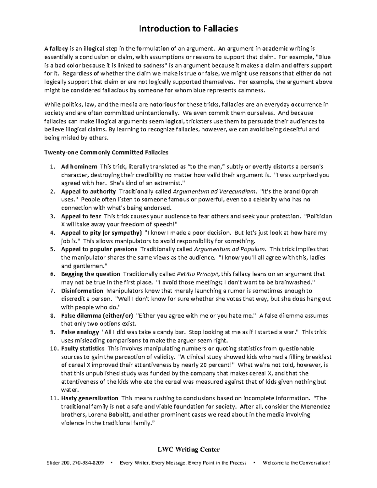 Introduction-fallacies - Introduction to Fallacies LWC Writing Center ...