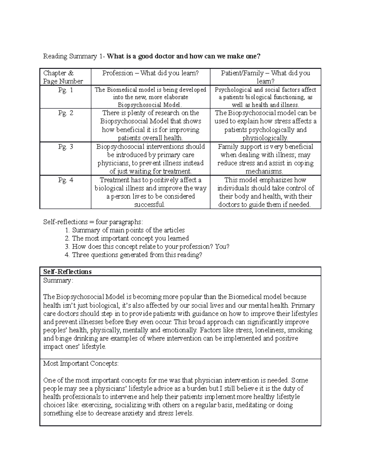 Reading Summary 1 1 The Biomedical Model Is Being Developed Into The