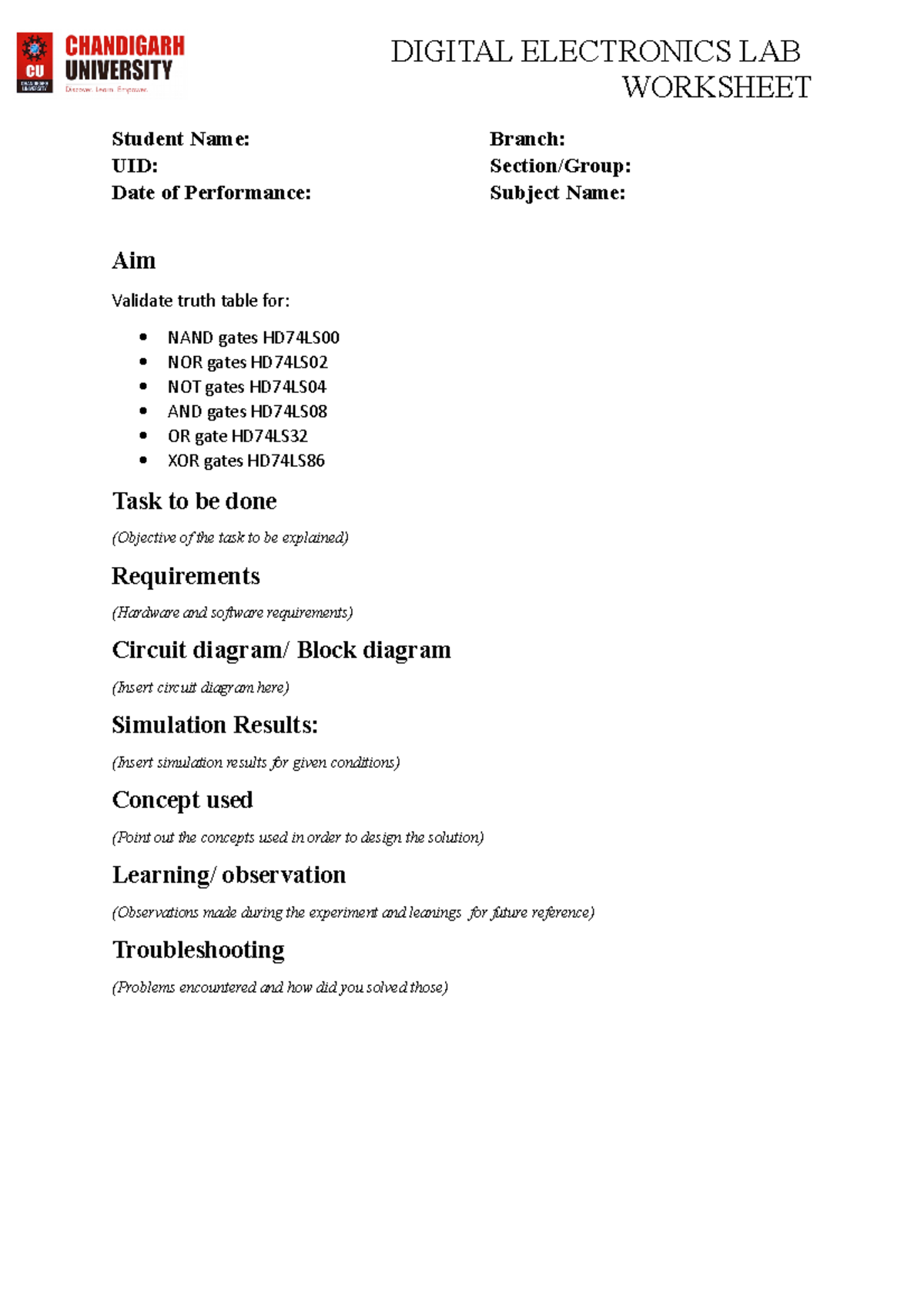 Worksheet Exp 1 cse computer science - DIGITAL ELECTRONICS LAB ...
