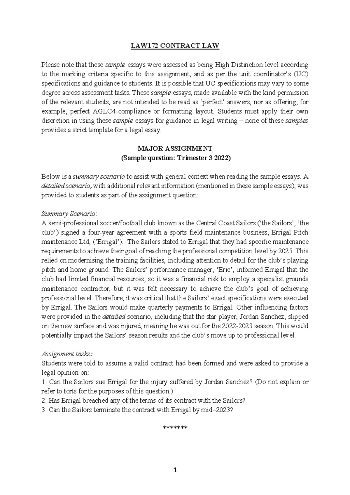 LAW172 Contract Law-sample essays - LAW172 CONTRACT LAW Please note ...