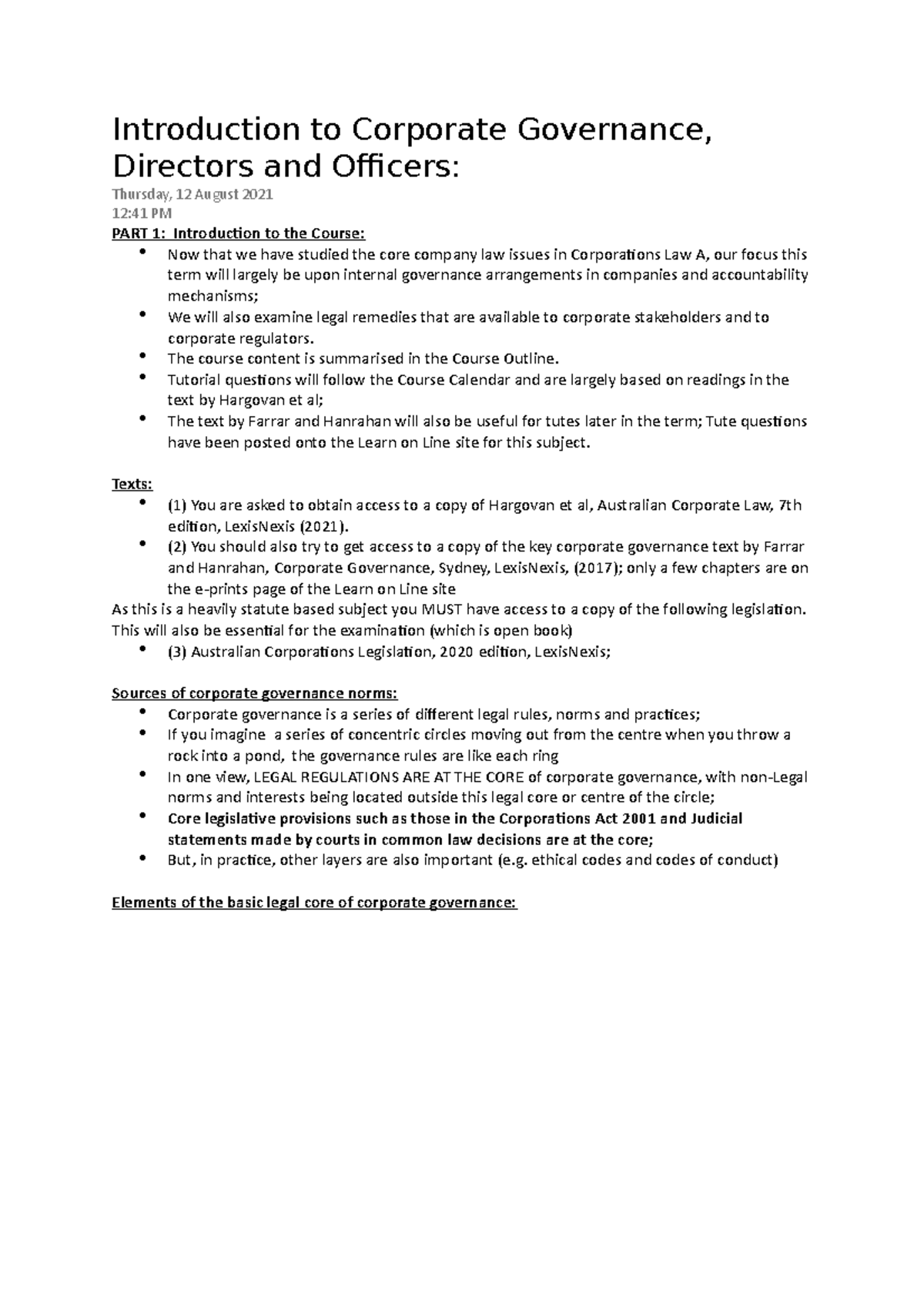 Corporations B - Lecture notes 1-10 - Introduction to Corporate ...