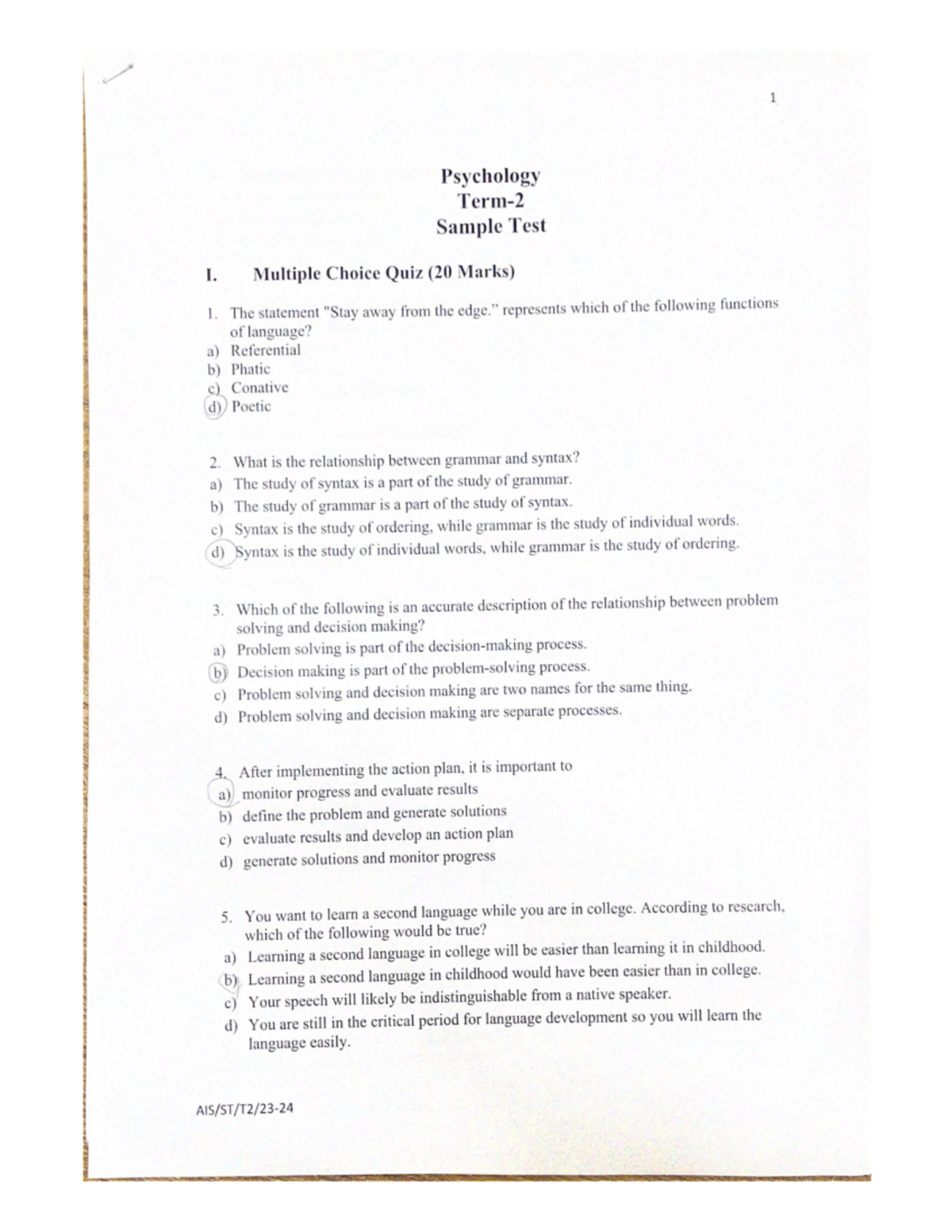 Psychology - Lecture notes - 1 Psychology Sample Test I. Multiple ...